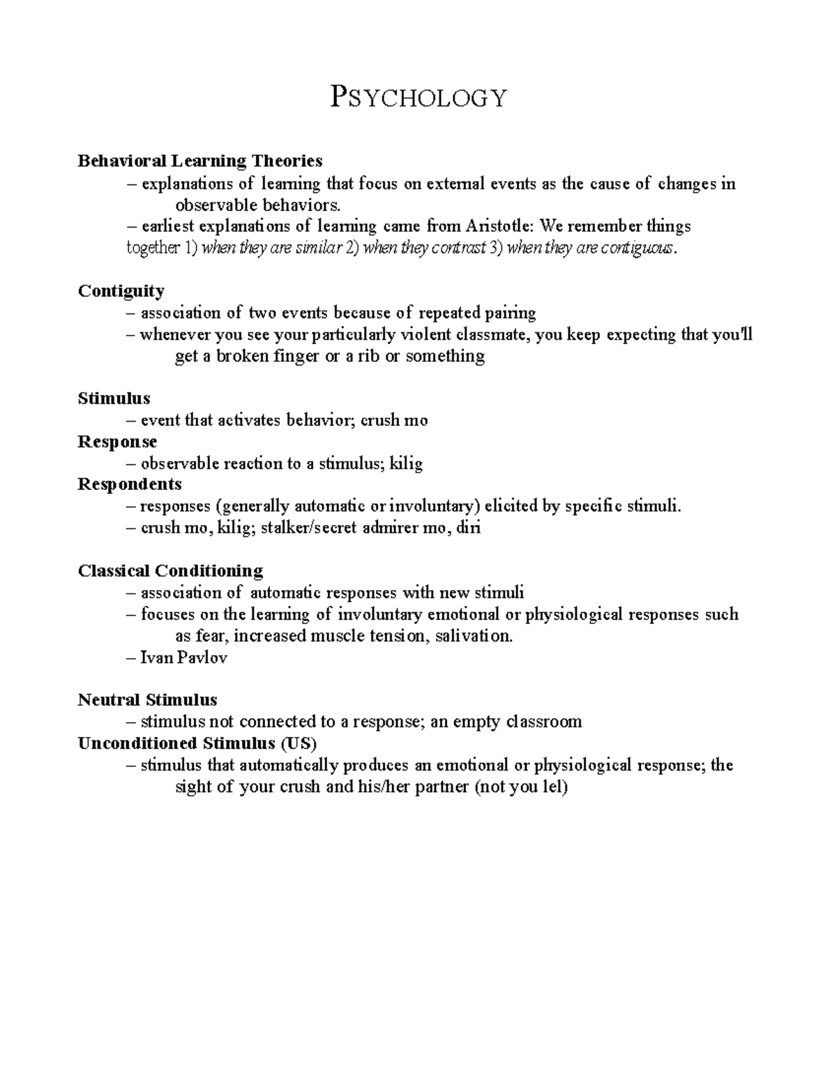 Psychology notes - PSYCHOLOGY Behavioral Learning Theories ...