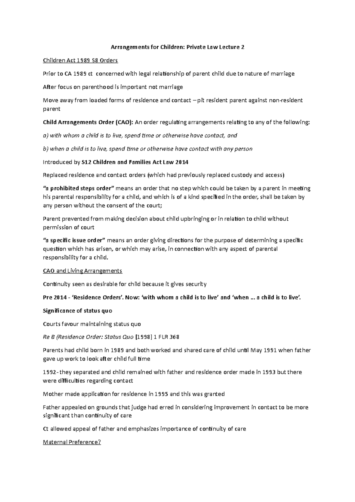 Private Law Child Arrangements: Child Arrangement Orders - Arrangements ...