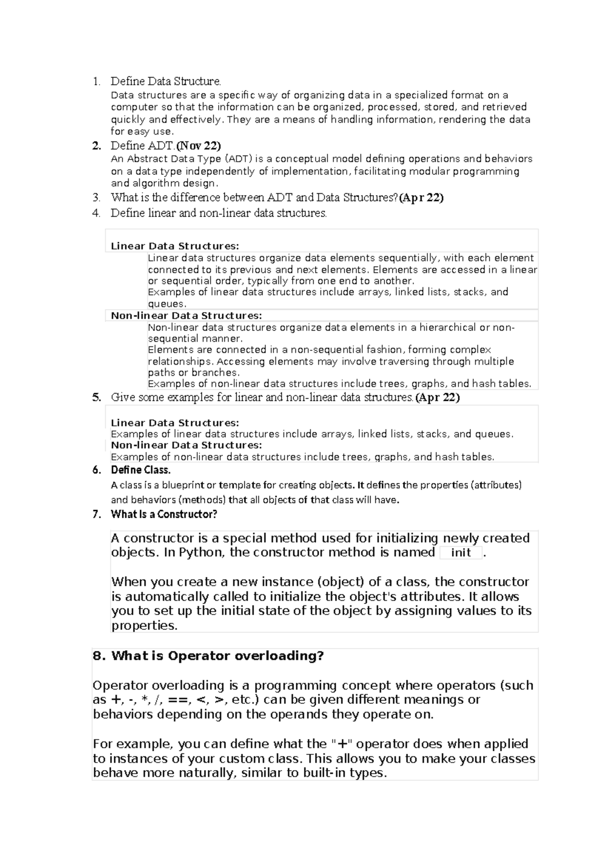 Unit 1 Q & A 2 marks - Q & A - 1. Define Data Structure. Data structures are a specific way of ...