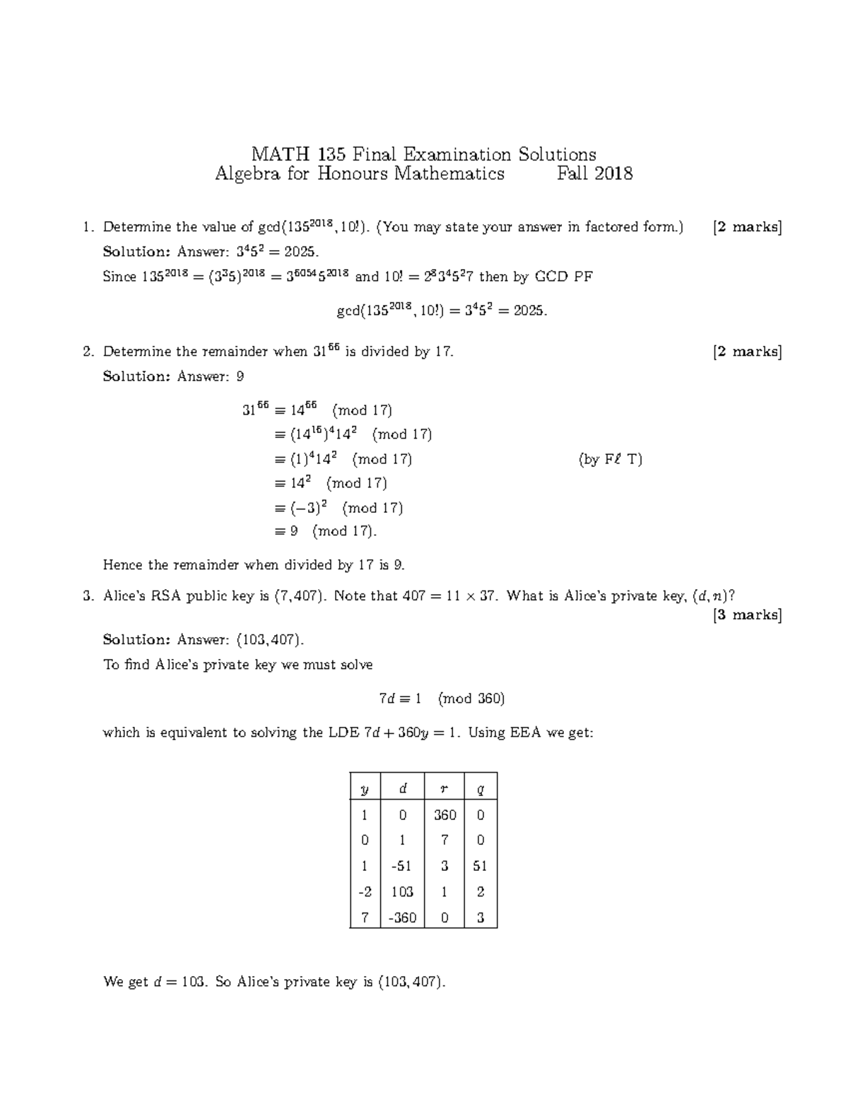 Final-F18-solutions 1 - MATH 135 Final Examination Solutions Algebra ...