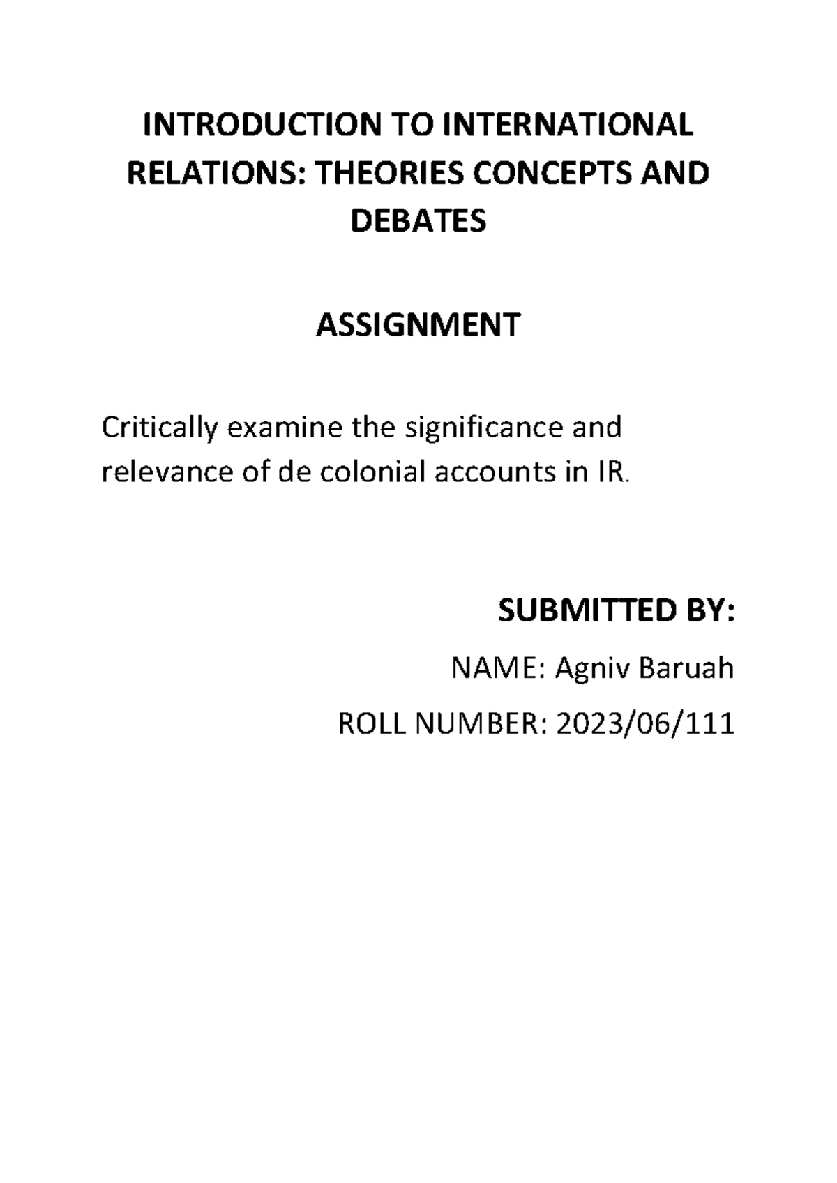 IR Assignment - INTRODUCTION TO INTERNATIONAL RELATIONS: THEORIES ...