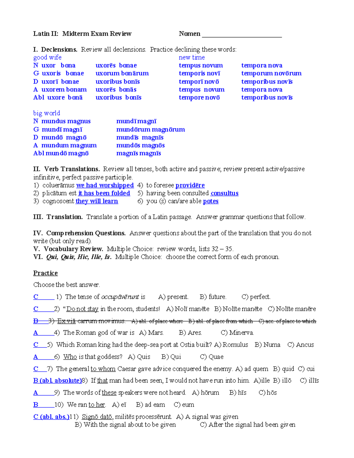 Latin 2 midterm rvw-12 ANSW - Latin II: Midterm Exam Review Nomen