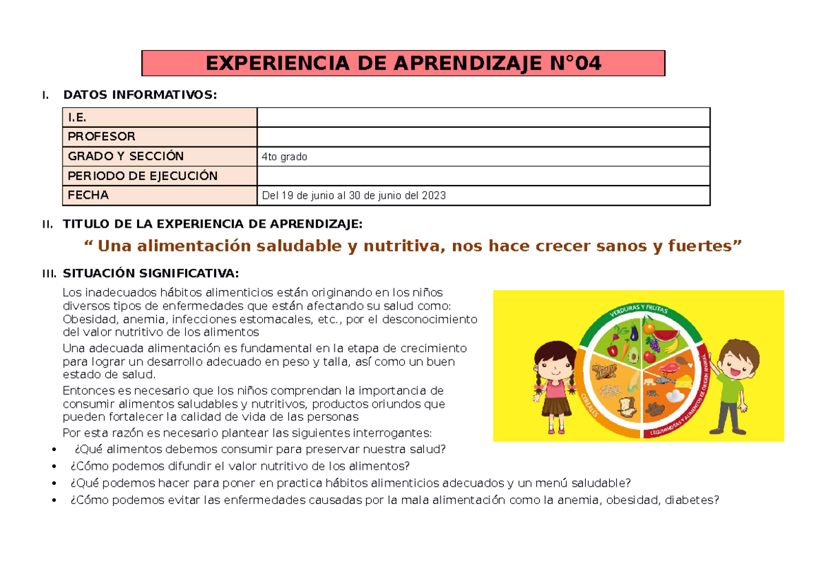 4° Grado - Experiencia DE Aprendizaje N°04 (1) - EXPERIENCIA DE APRENDIZAJE N° I. DATOS - Studocu