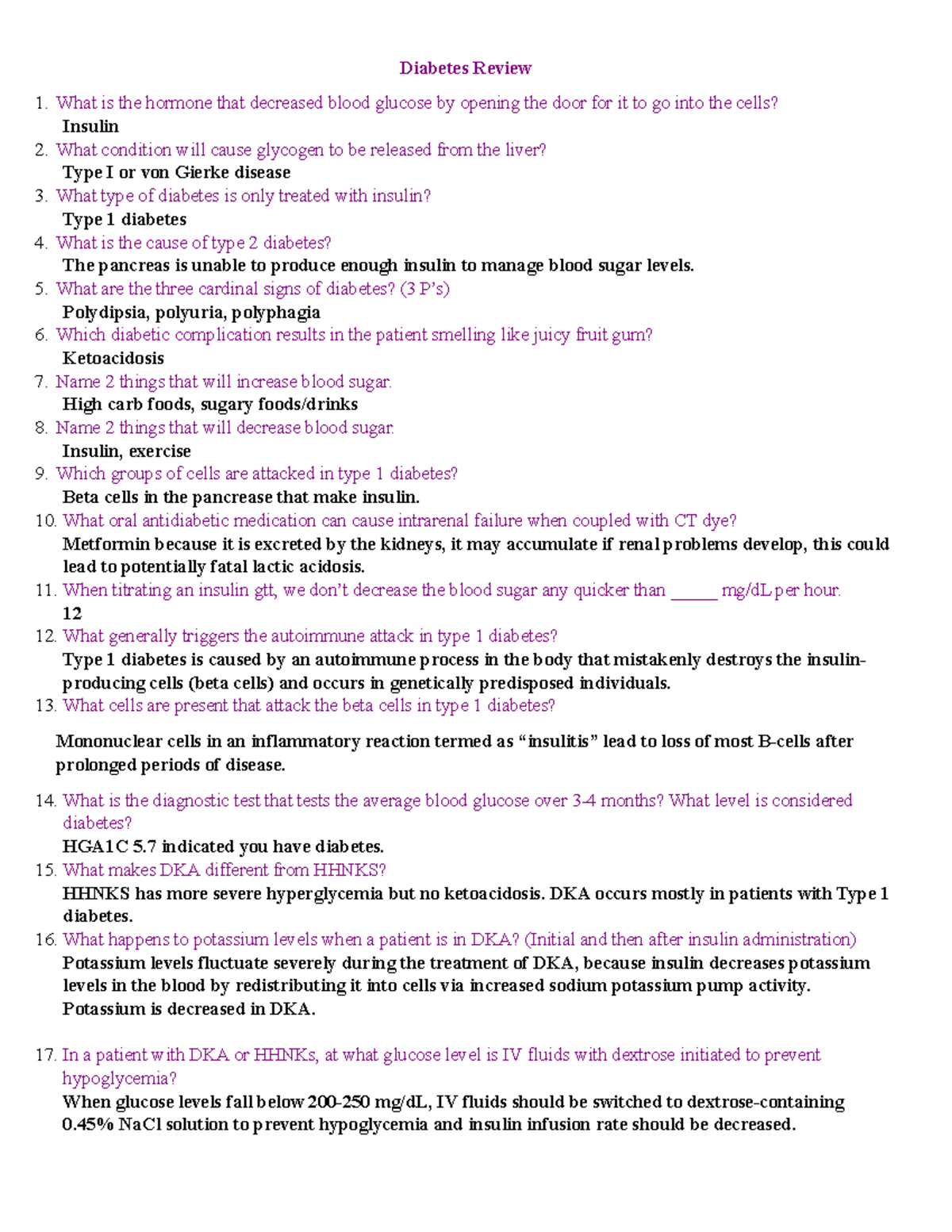 Diabetes Review Questions - Diabetes Review What is the hormone that ...