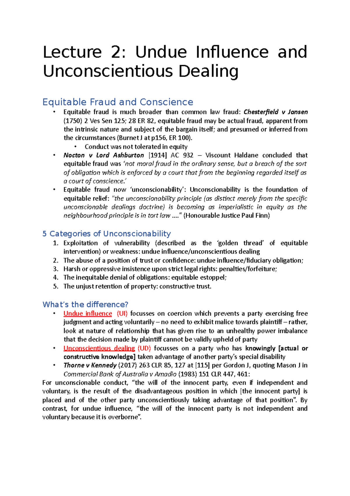 Lecture 2- Undue Influence and Unconscientious Dealing - Lecture 2 ...
