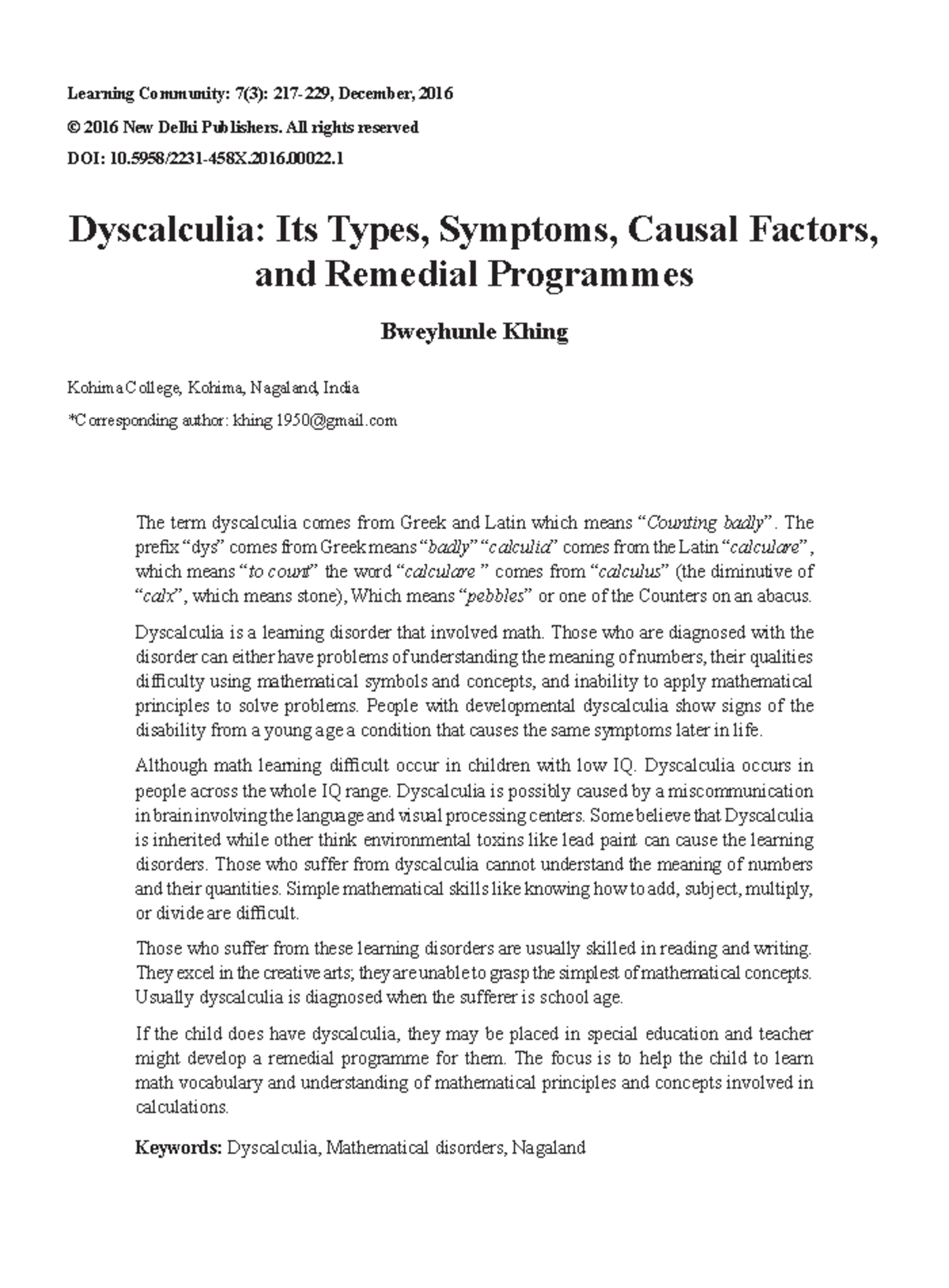 Dyscalculia (A type of Learning Disability ) - © 2016 New Delhi ...