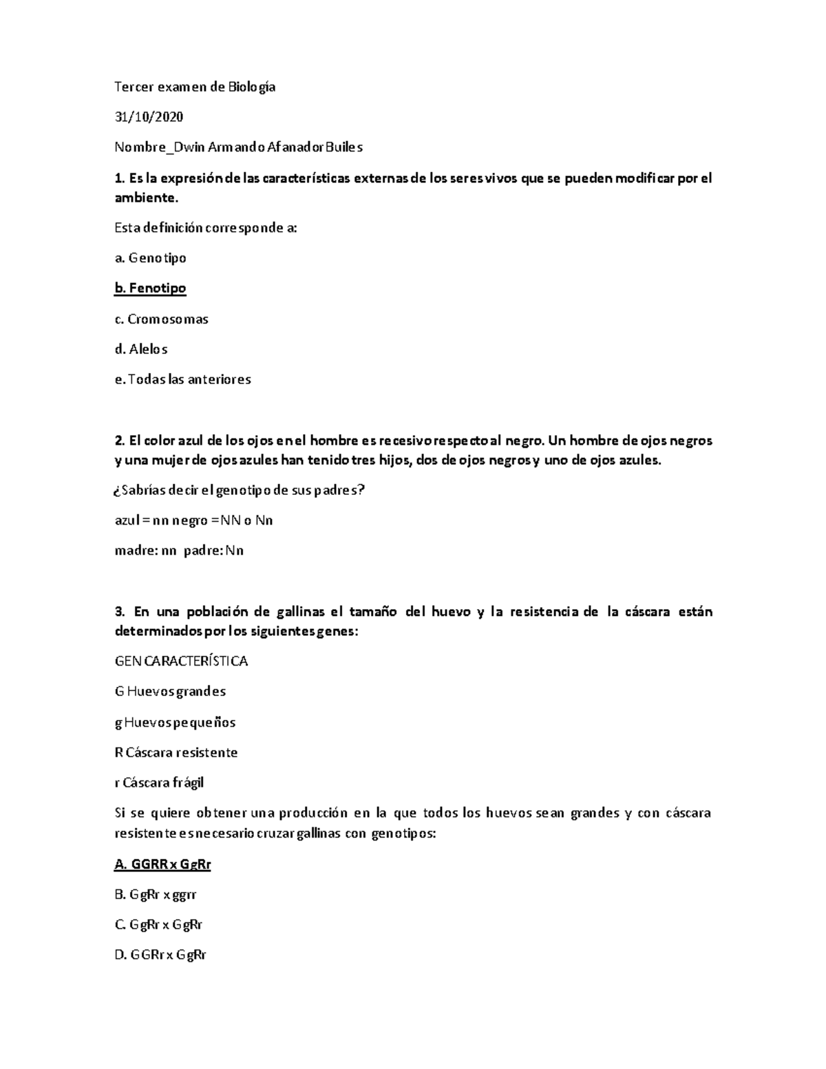 Tercer examen de Biología - Tercer examen de Biología 31/10/ Nombre ...