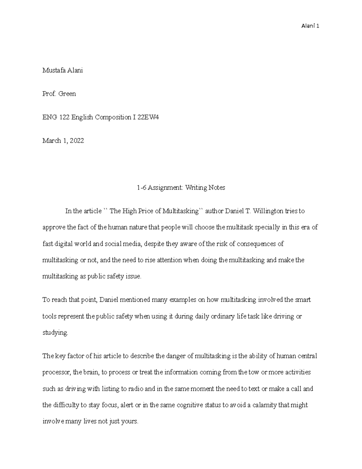 6-1 writing notes - graded assignment - Alani 1 Mustafa Alani Prof ...