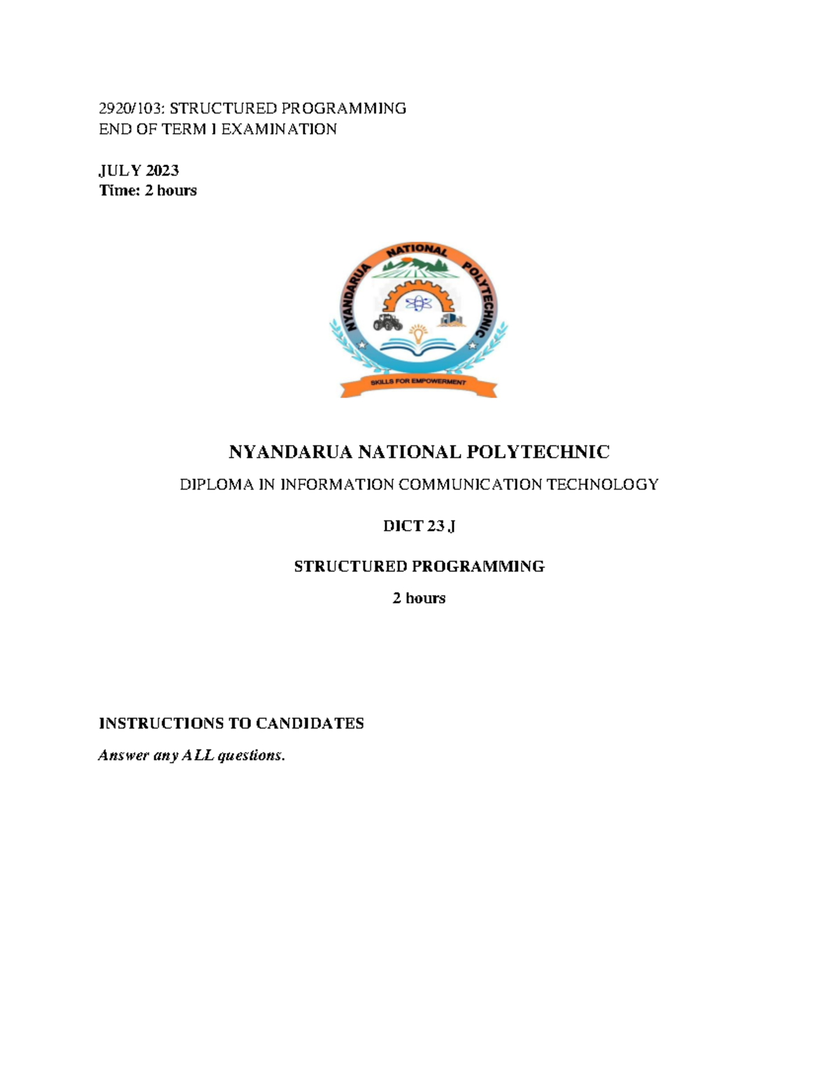 DICT 23 M NEW SP EXAM - structured programming - 2920/103: STRUCTURED ...