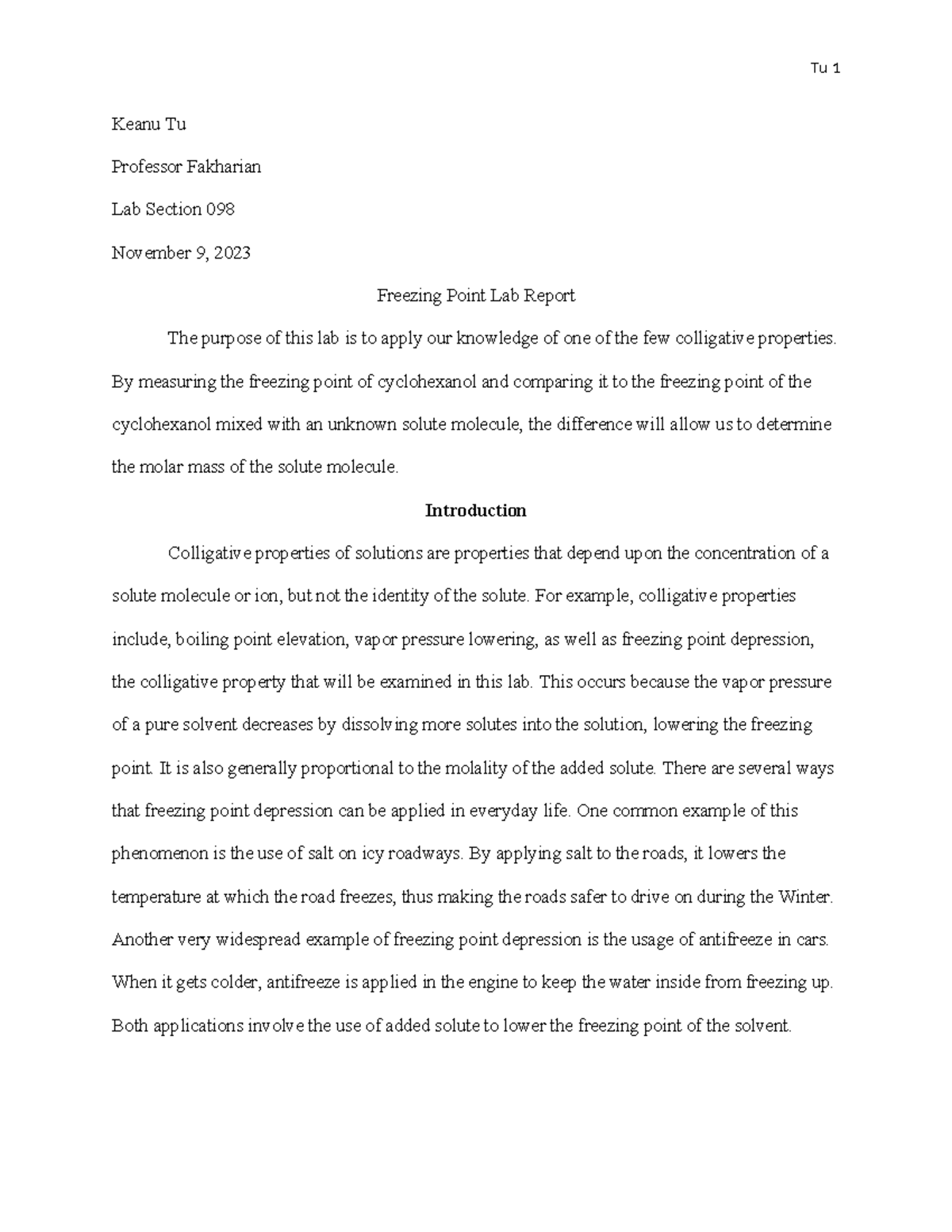 Freezing Point Lab Report - Keanu Tu Professor Fakharian Lab Section ...