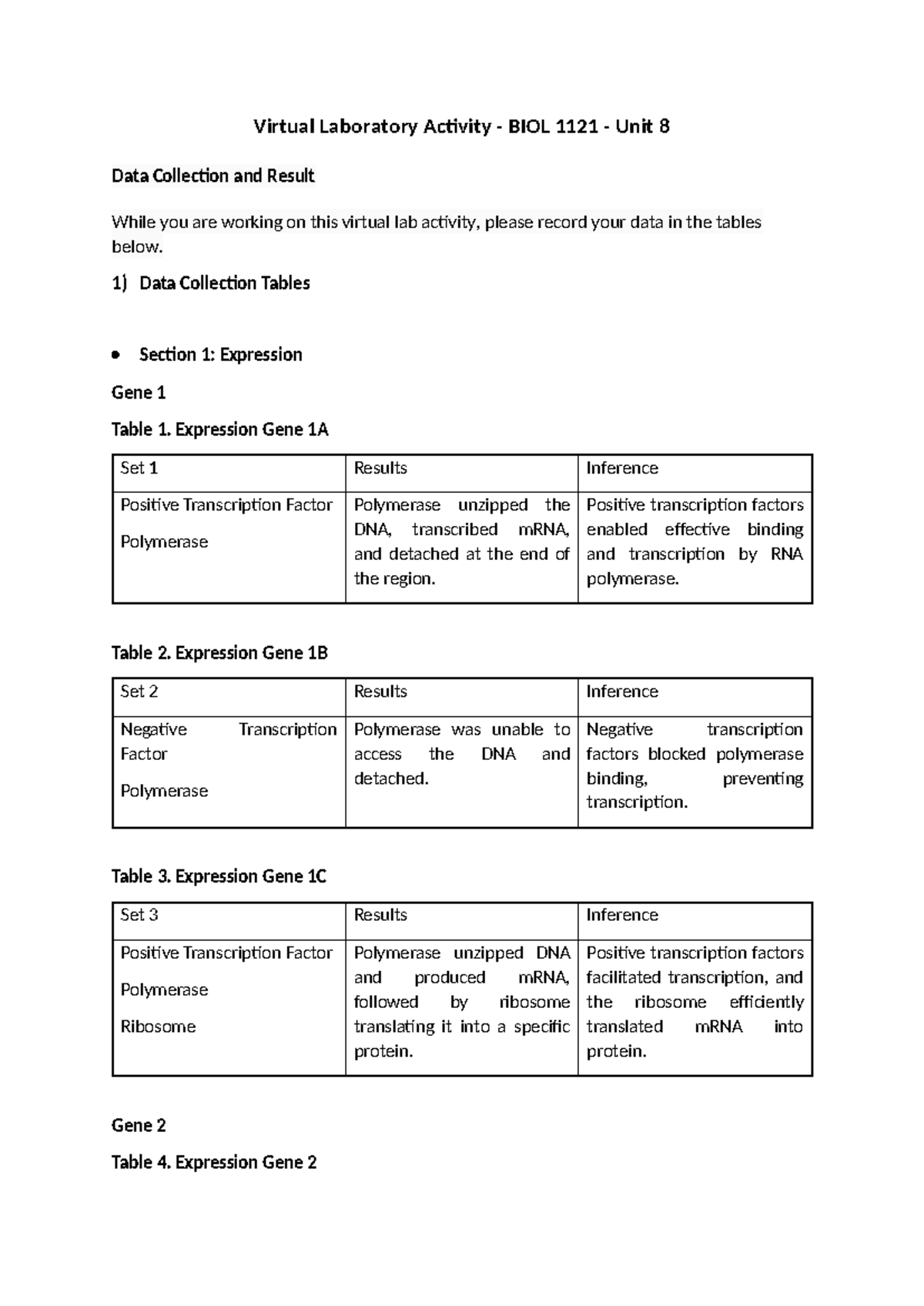 Experiment 6 - Data Collection and Result - Virtual Laboratory Activity - BIOL 1121 - Unit 8 ...