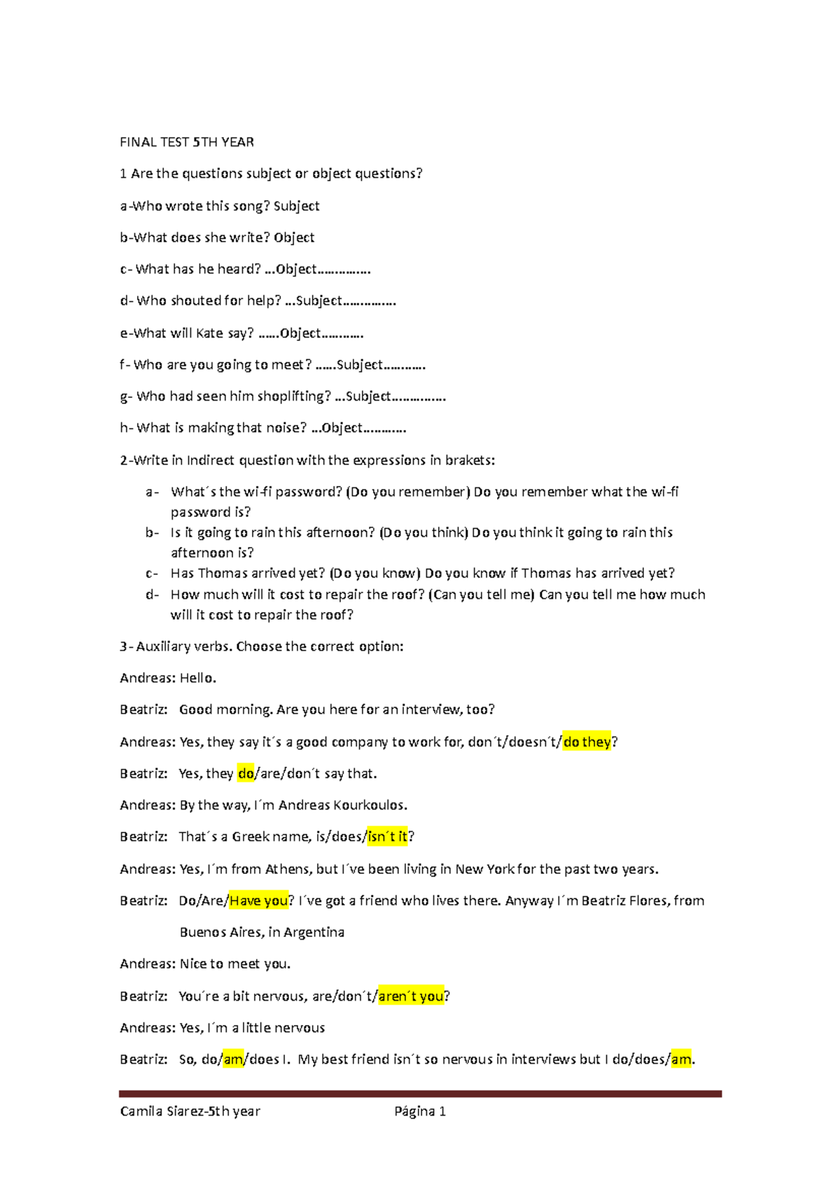 Final TEST 5TH YEAR-Camila Siarez - FINAL TEST 5TH YEAR 1 Are the ...