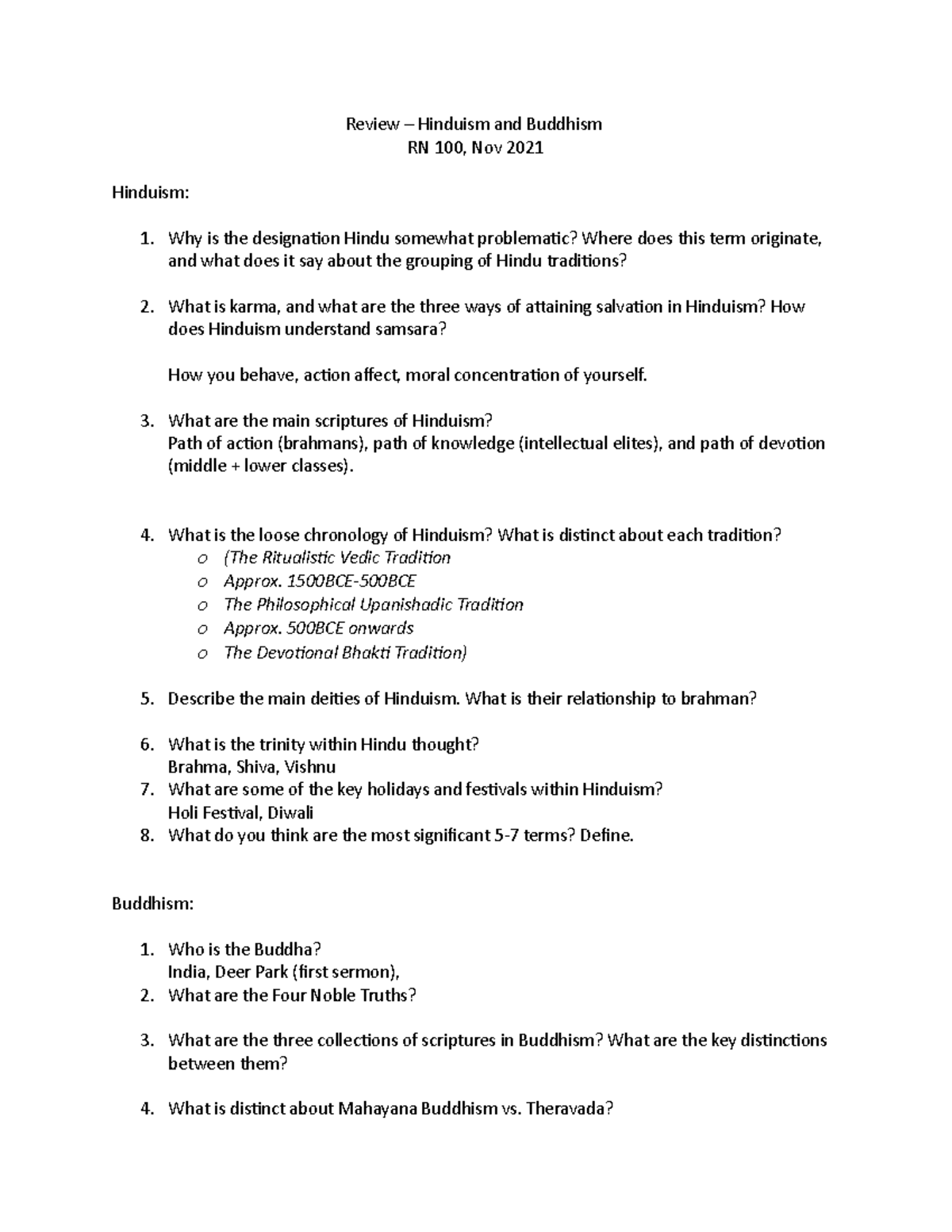 Review for Quiz 2 - Review – Hinduism and Buddhism RN 100, Nov 2021 ...