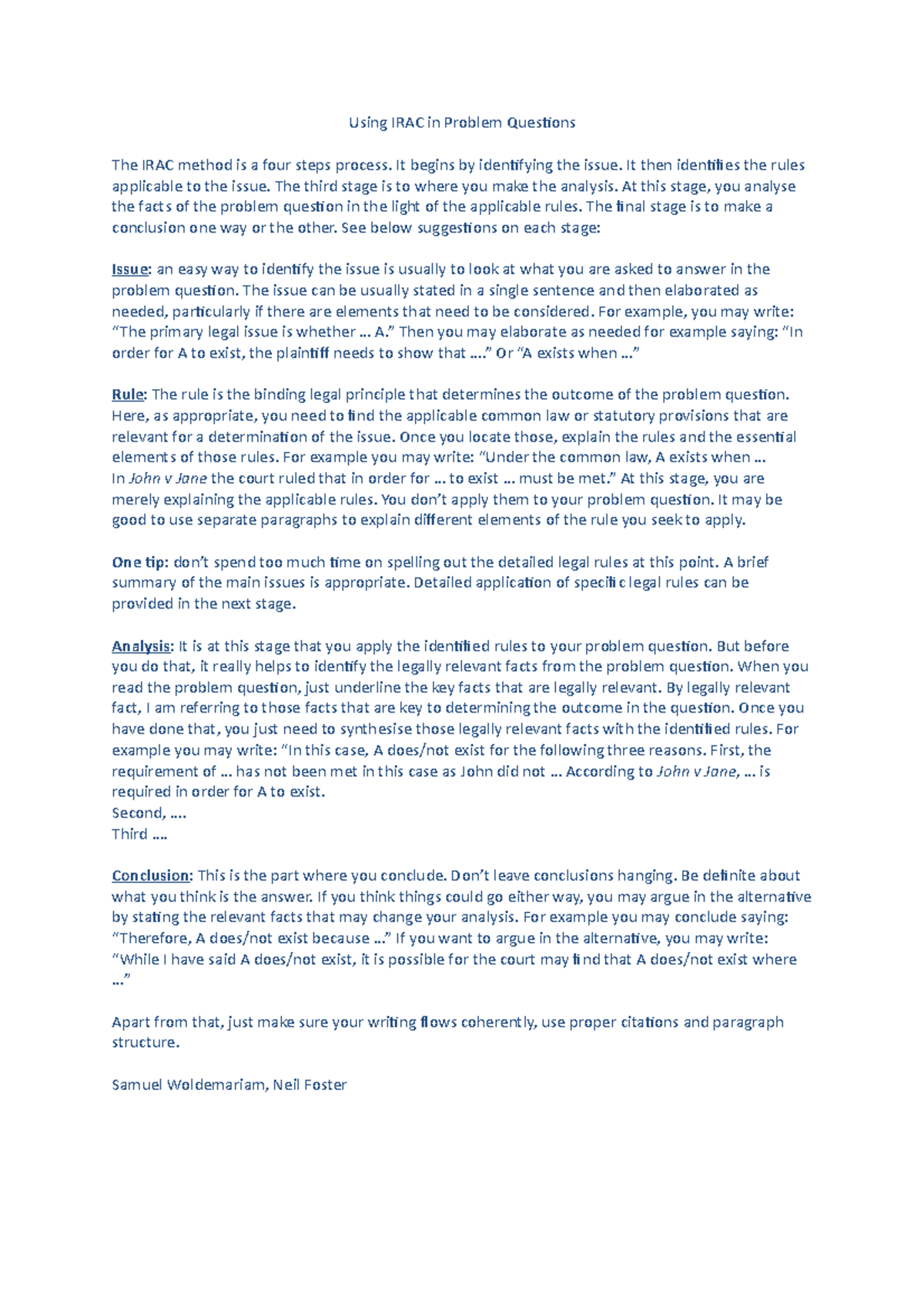 Using IRAC in Problem Questions - LAWS1021 - UoN - Studocu