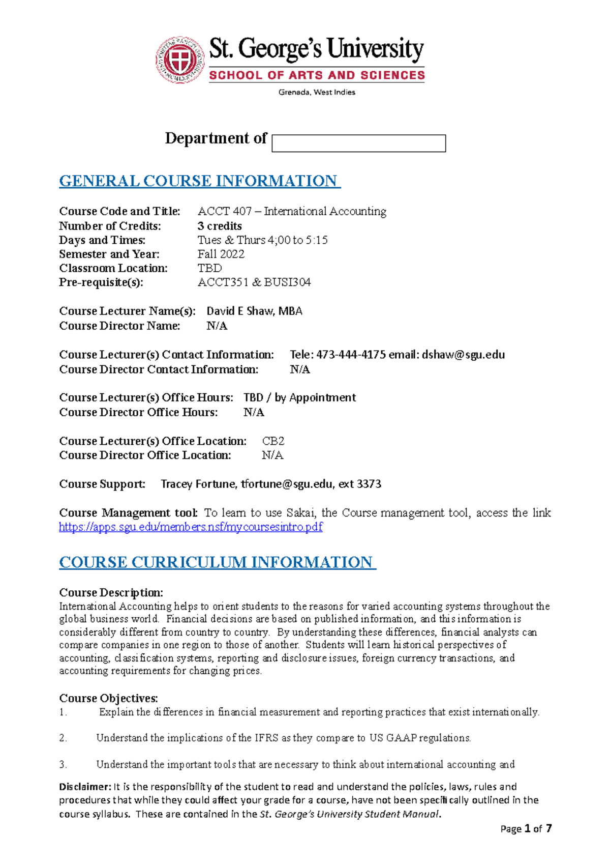 International ACCT 407 - Fall 2022 - Department of GENERAL COURSE ...