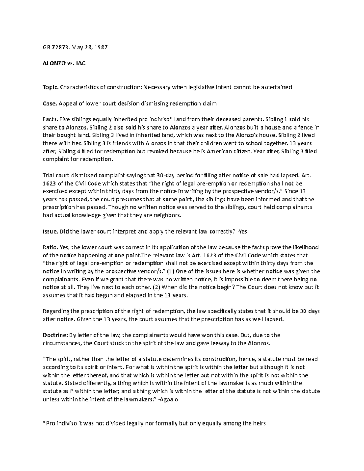 Alonzo copy - Notes - GR 72873. May 28, 1987 ALONZO vs. IAC Topic ...