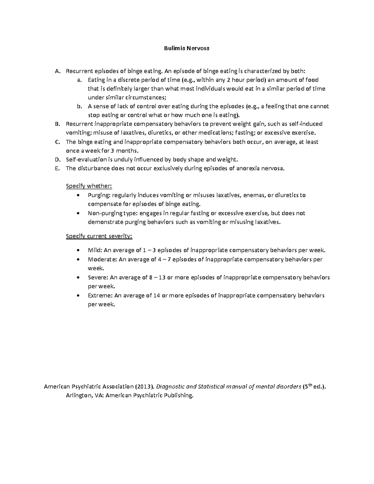 Bulimia Nervosa DSM 5 Handout - Bulimia Nervosa A. Recurrent episodes ...