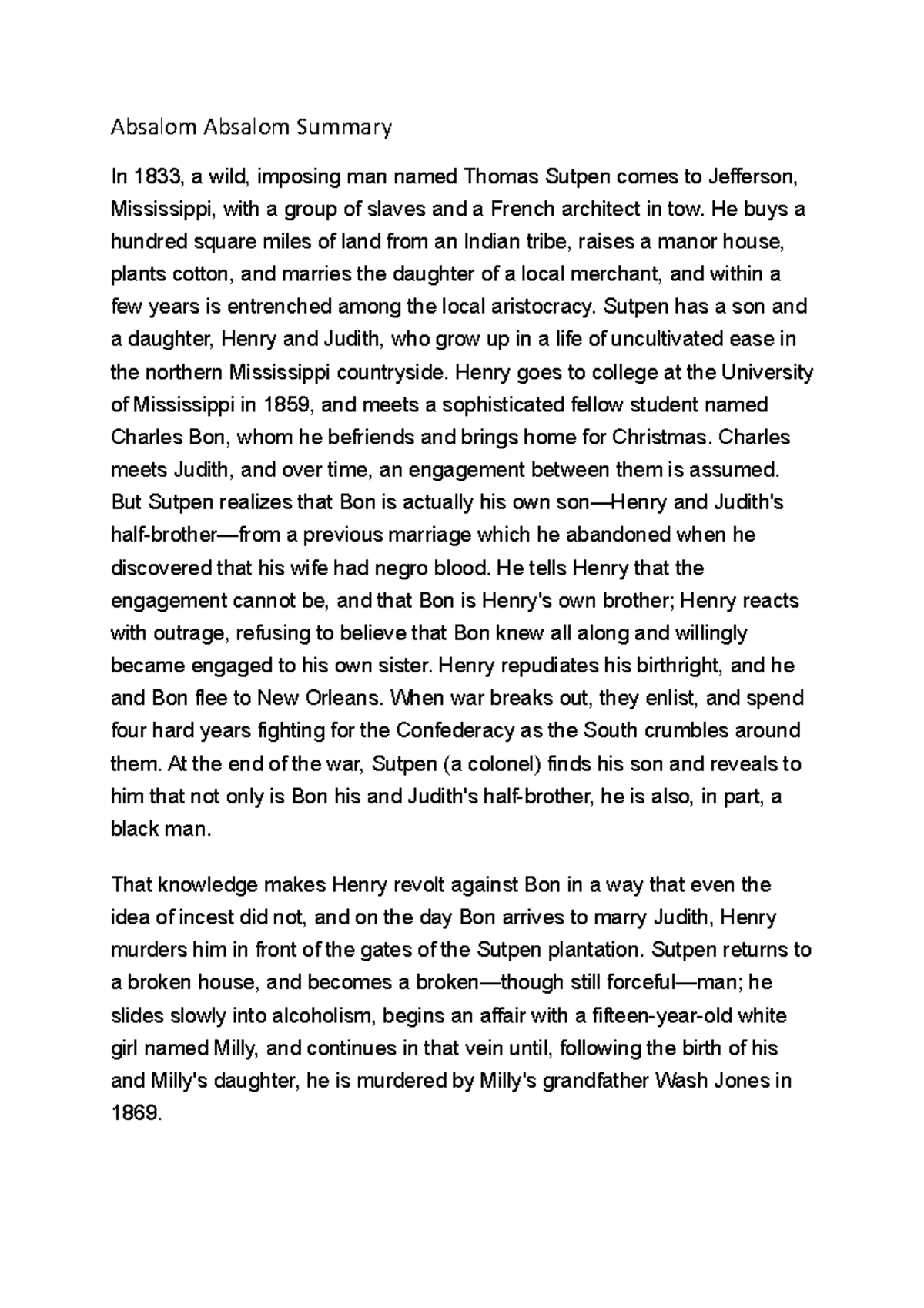 Absalom Absalom Summary - Studocu