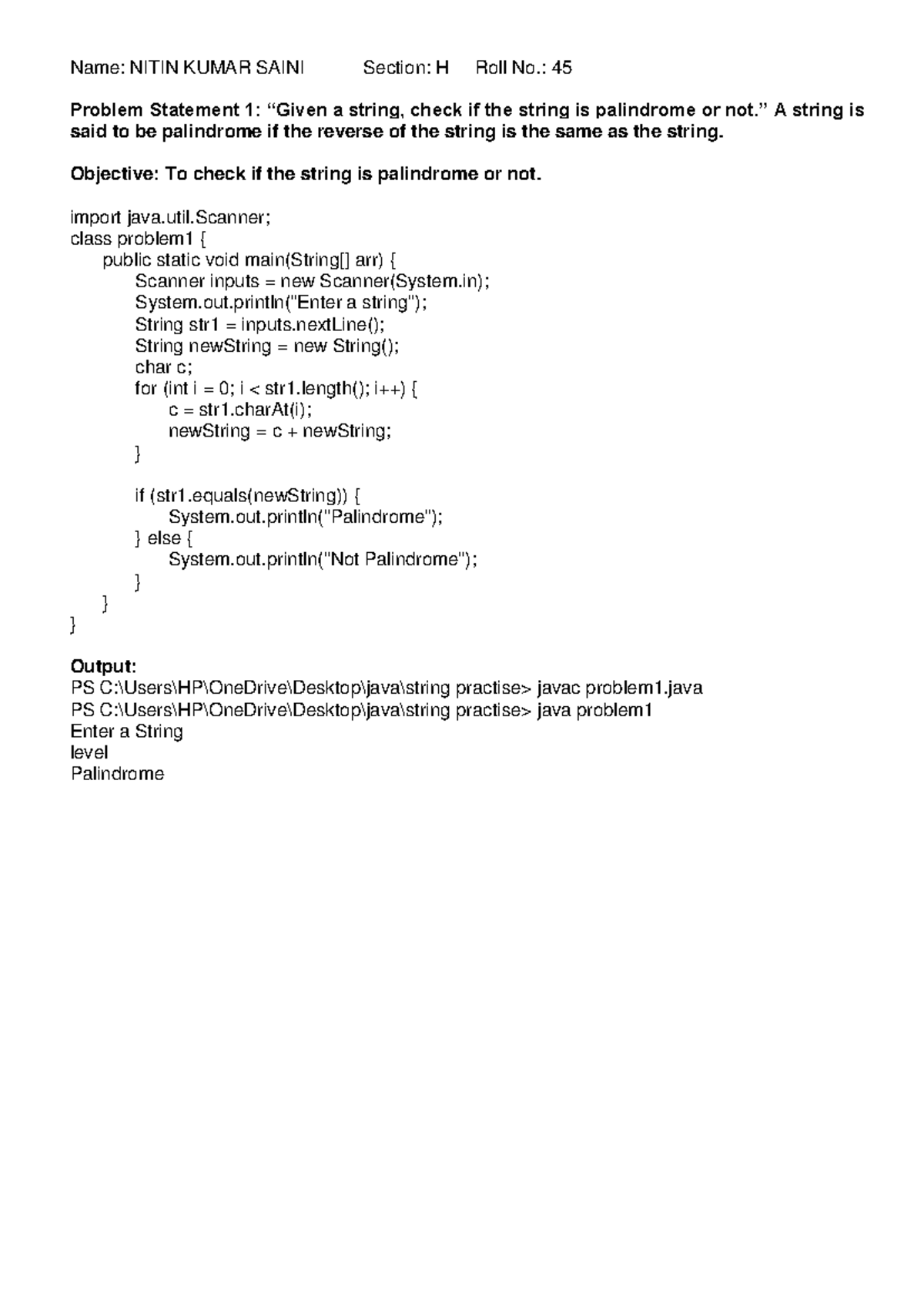 Nitin s Assignment - good for lab manuals - Problem Statement 1: “Given a string, check if the ...