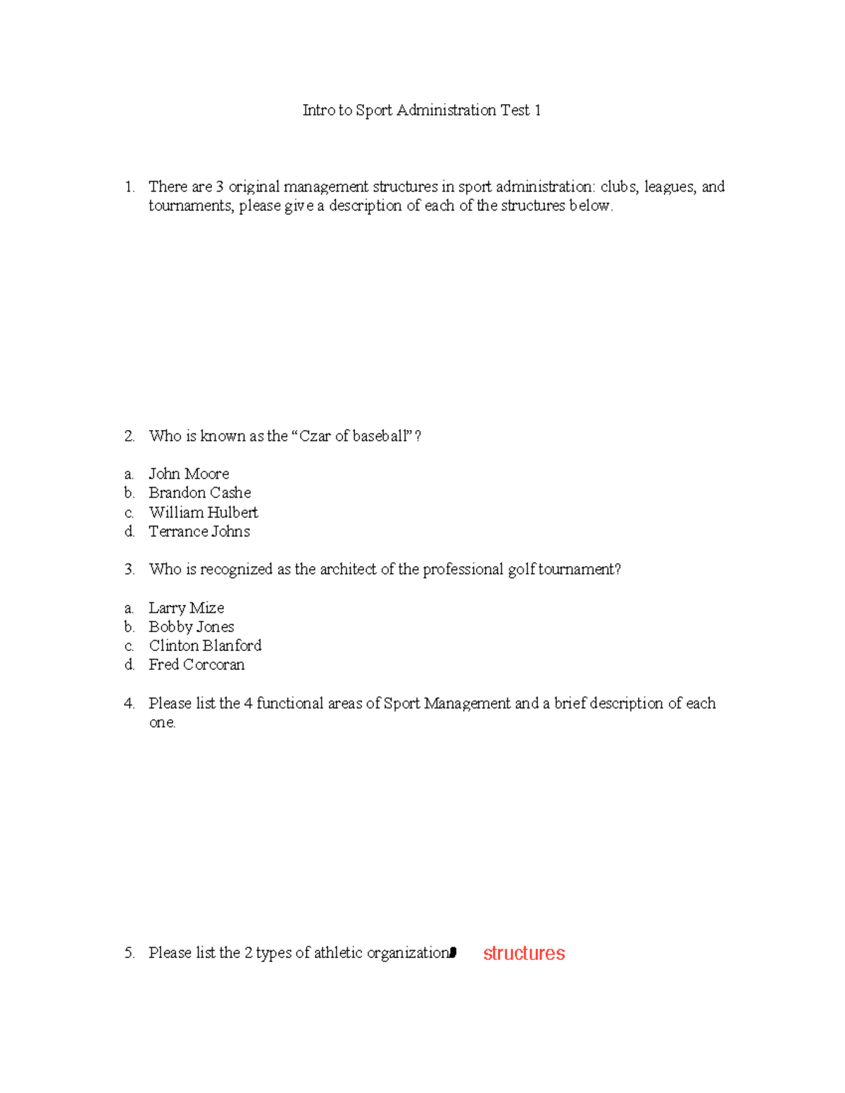 Wagner Intro to Sport Administration Test 1a - Intro to Sport ...