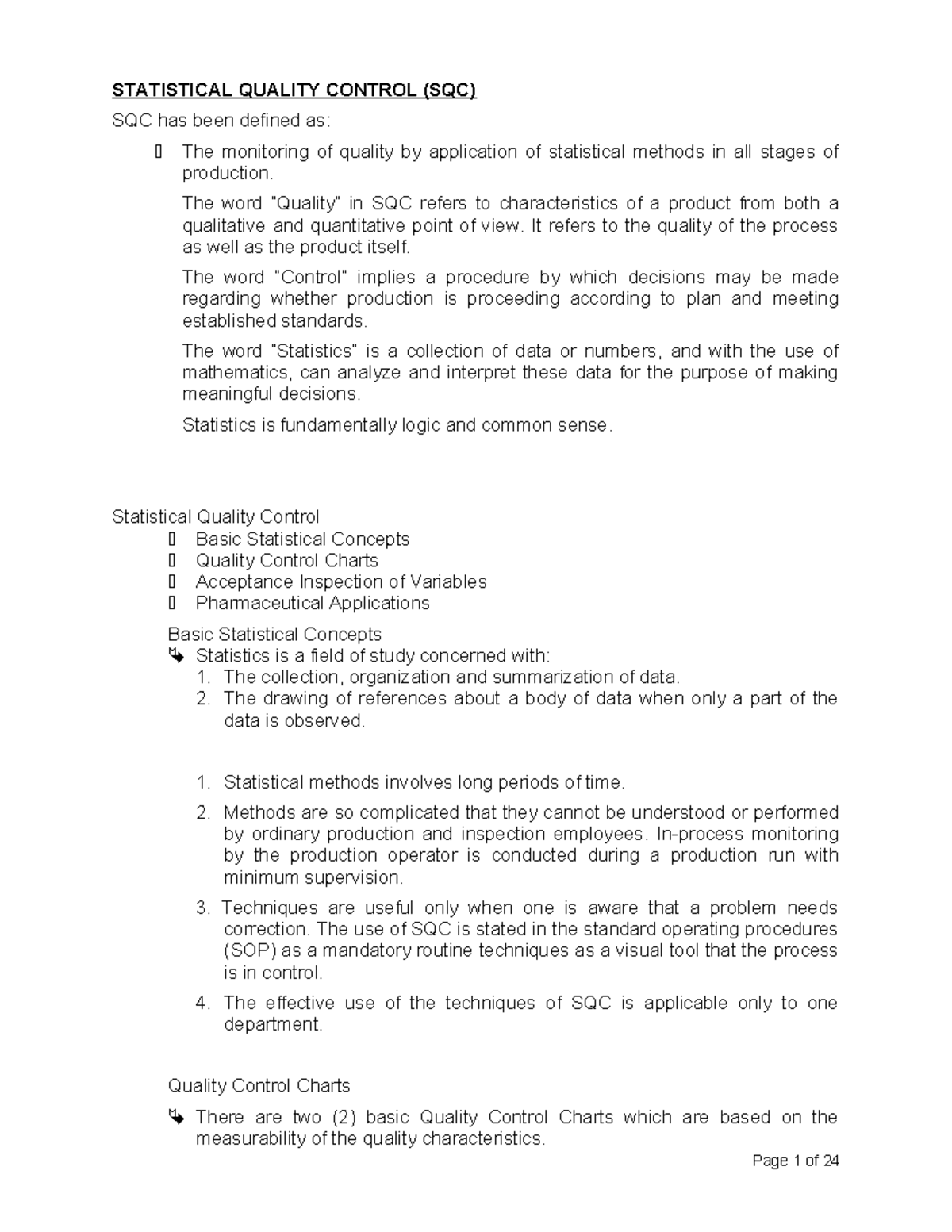 Statistical-Quality-Control - STATISTICAL QUALITY CONTROL (SQC) SQC has been defined as: The ...