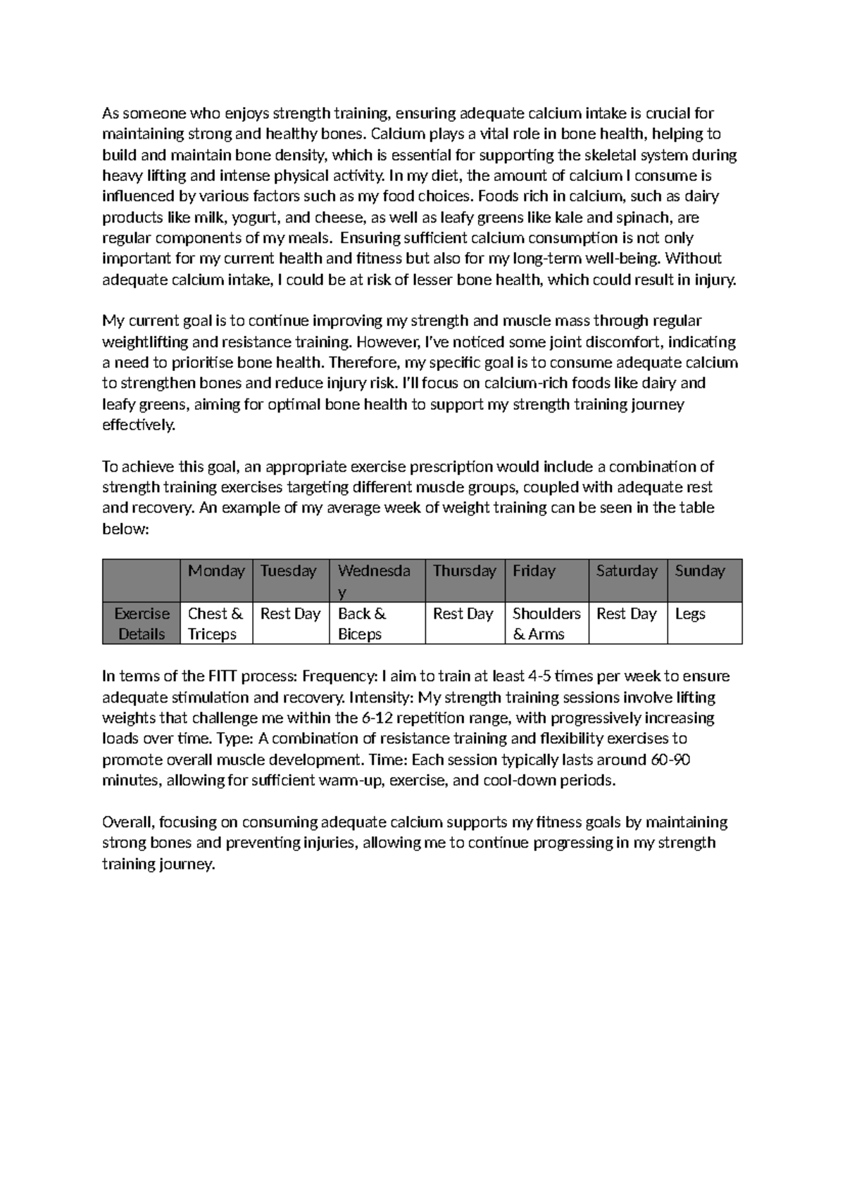 NUTR1023 Workshop Task 2 - As someone who enjoys strength training, ensuring adequate calcium ...