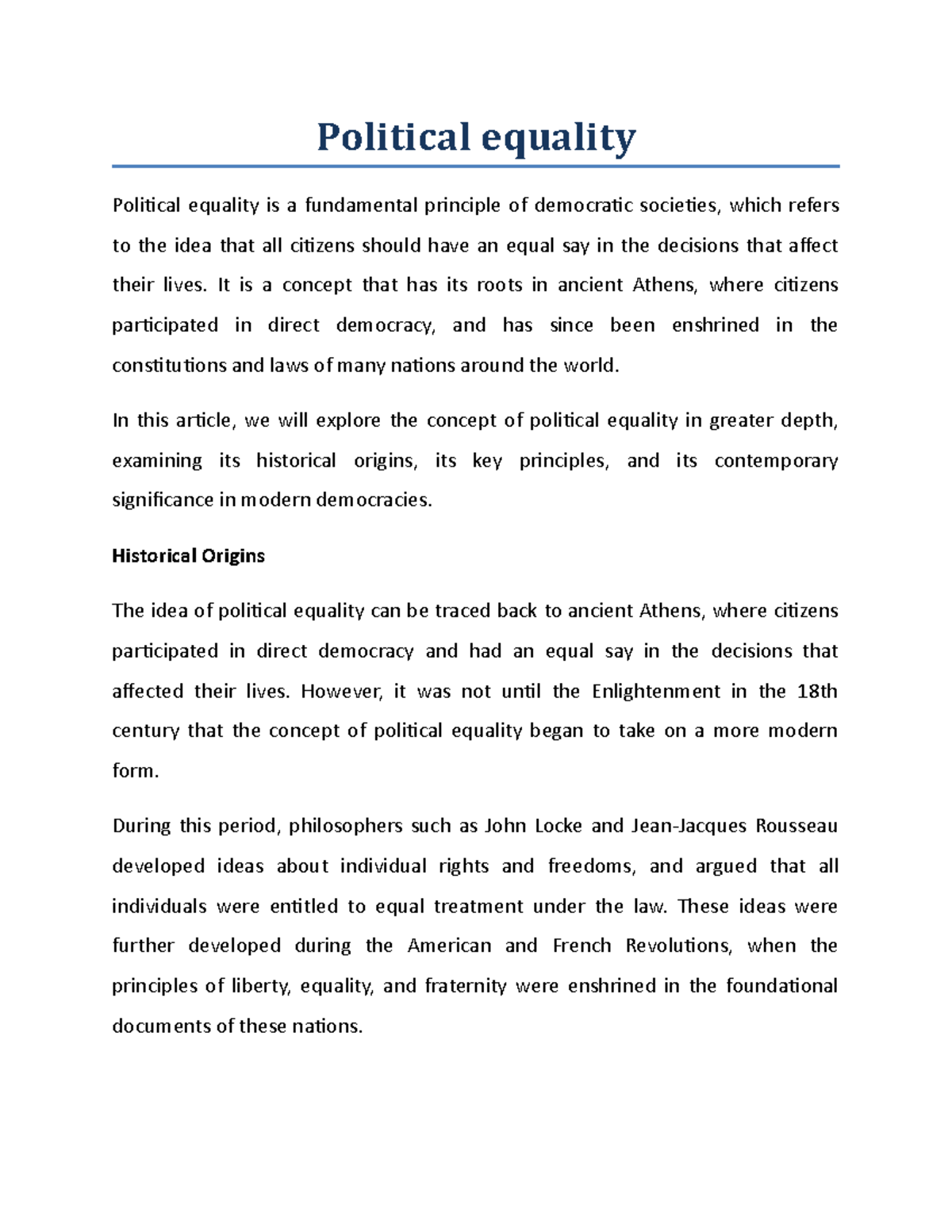 Political equality - Political equality Political equality is a ...