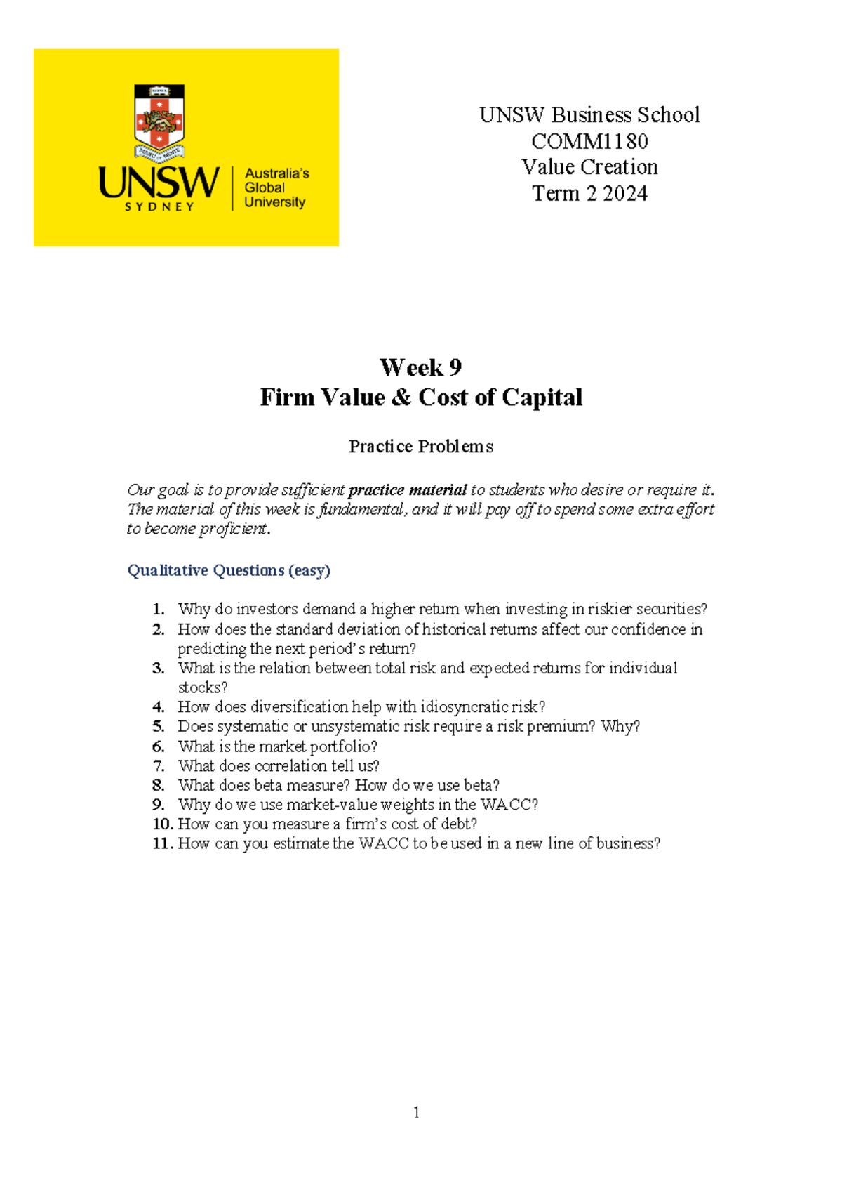 Wk 9 - Firm Value Cost of Capital Practice Problems - Week 9 Firm Value ...