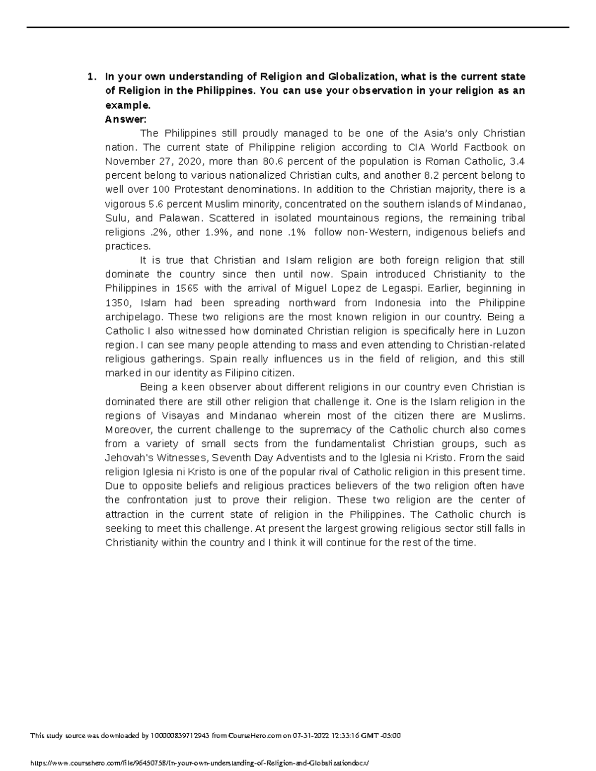 In your own understanding of Religion and Globalization - 1. In your ...