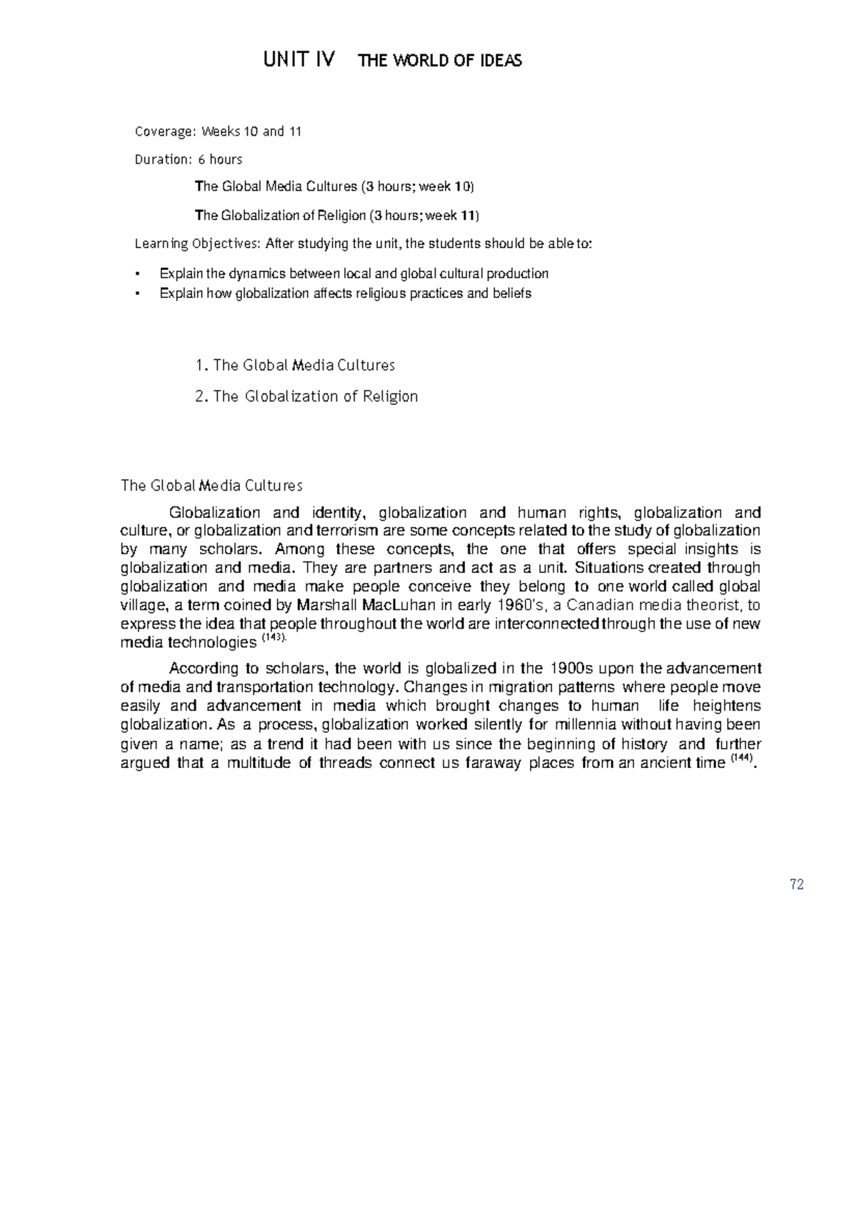 UNIT Ivthe World OF Ideas - UNIT IV THE WORLD OF IDEAS Coverage: Weeks ...