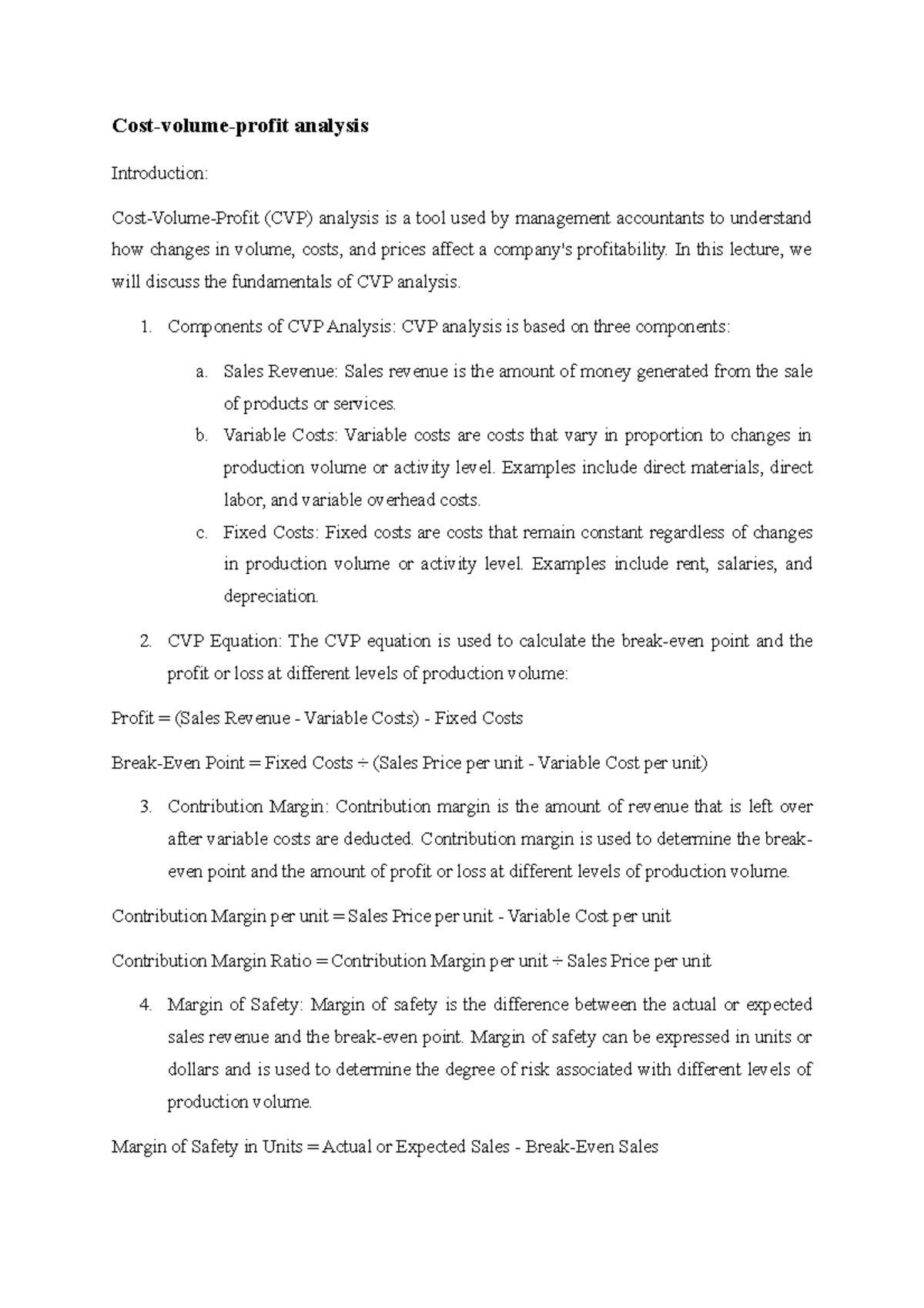 Cost volume profit Analysis Cost volume profit Analysis Introduction