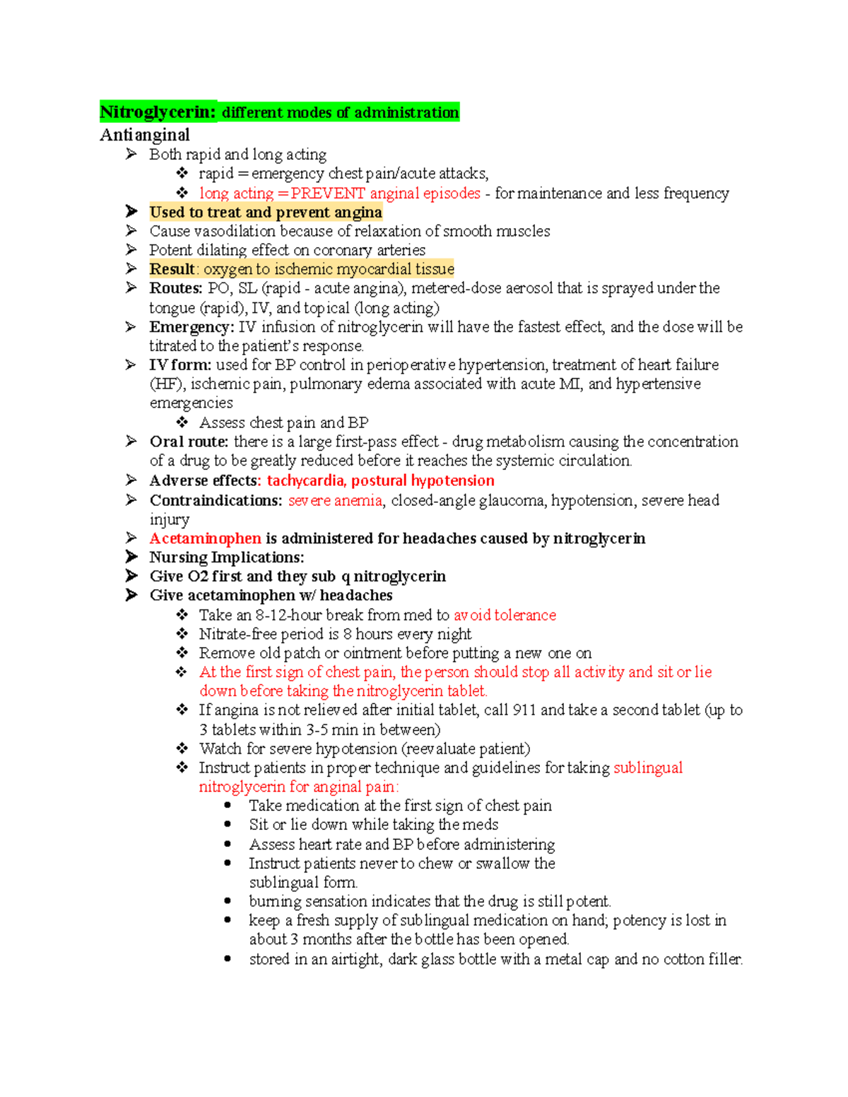 Nitroglycerin - Tamucc Nurisng Pharmacology - Nitroglycerin: different ...