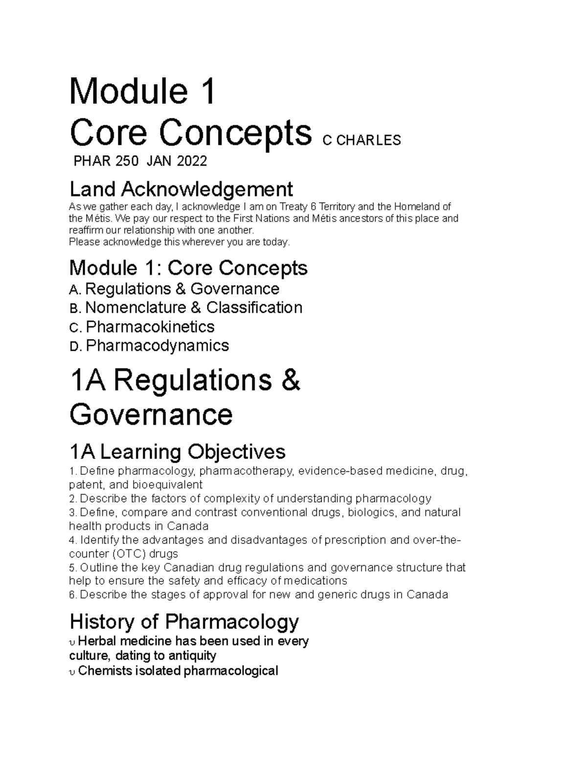 Pharm module 1 - Course power point - Module 1 Core Concepts C CHARLES PHAR 250 JAN 2022 Land ...