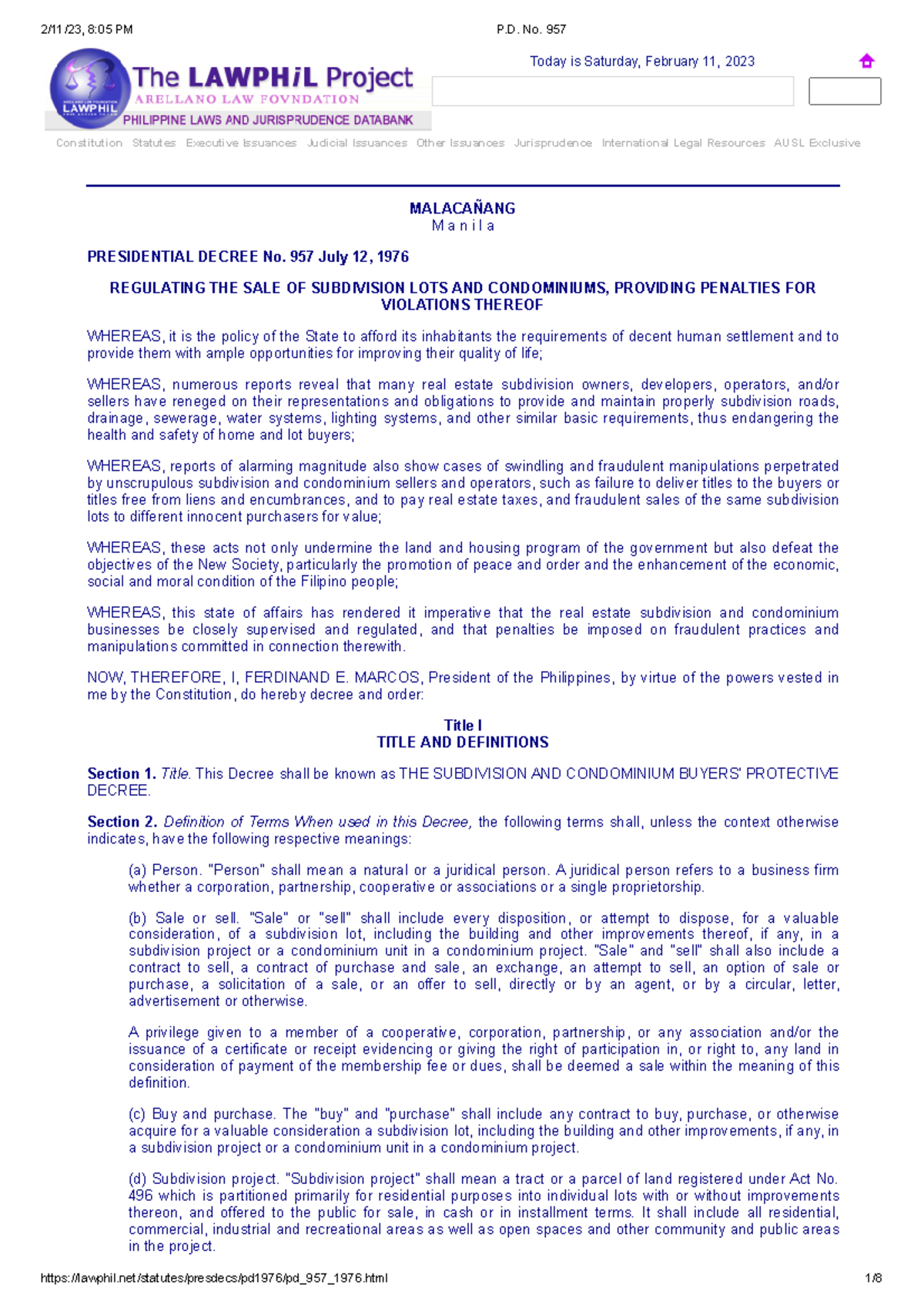 P.D. No. 957 - info regarding P.D No 957 - Constitution Statutes ...