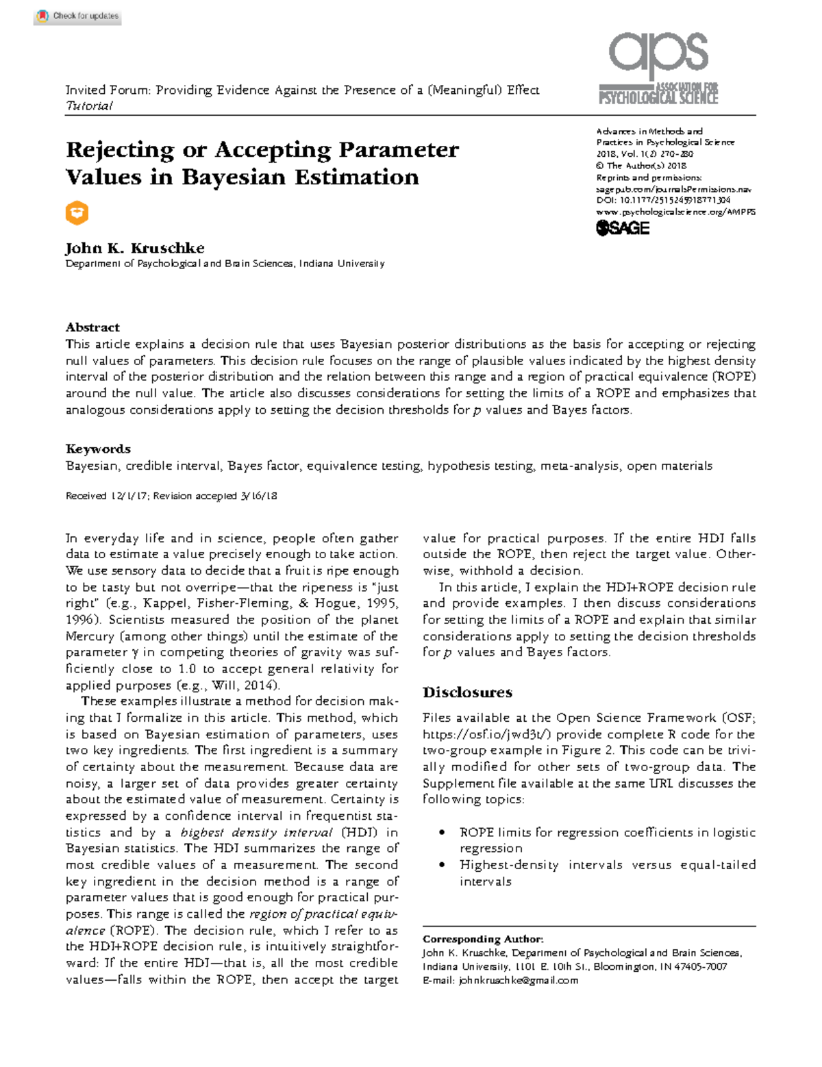 Kruschke 2018 rejecting or accepting parameter values in bayesian estimation - doi/10.1177 ...