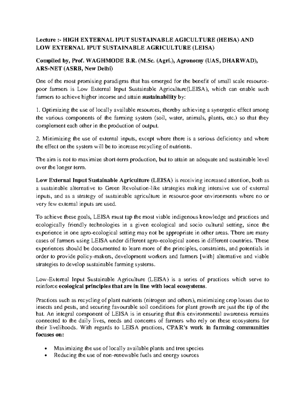 Lecture on Heisa and Leisa - Lecture :- HIGH EXTERNAL IPUT SUSTAINABLE ...