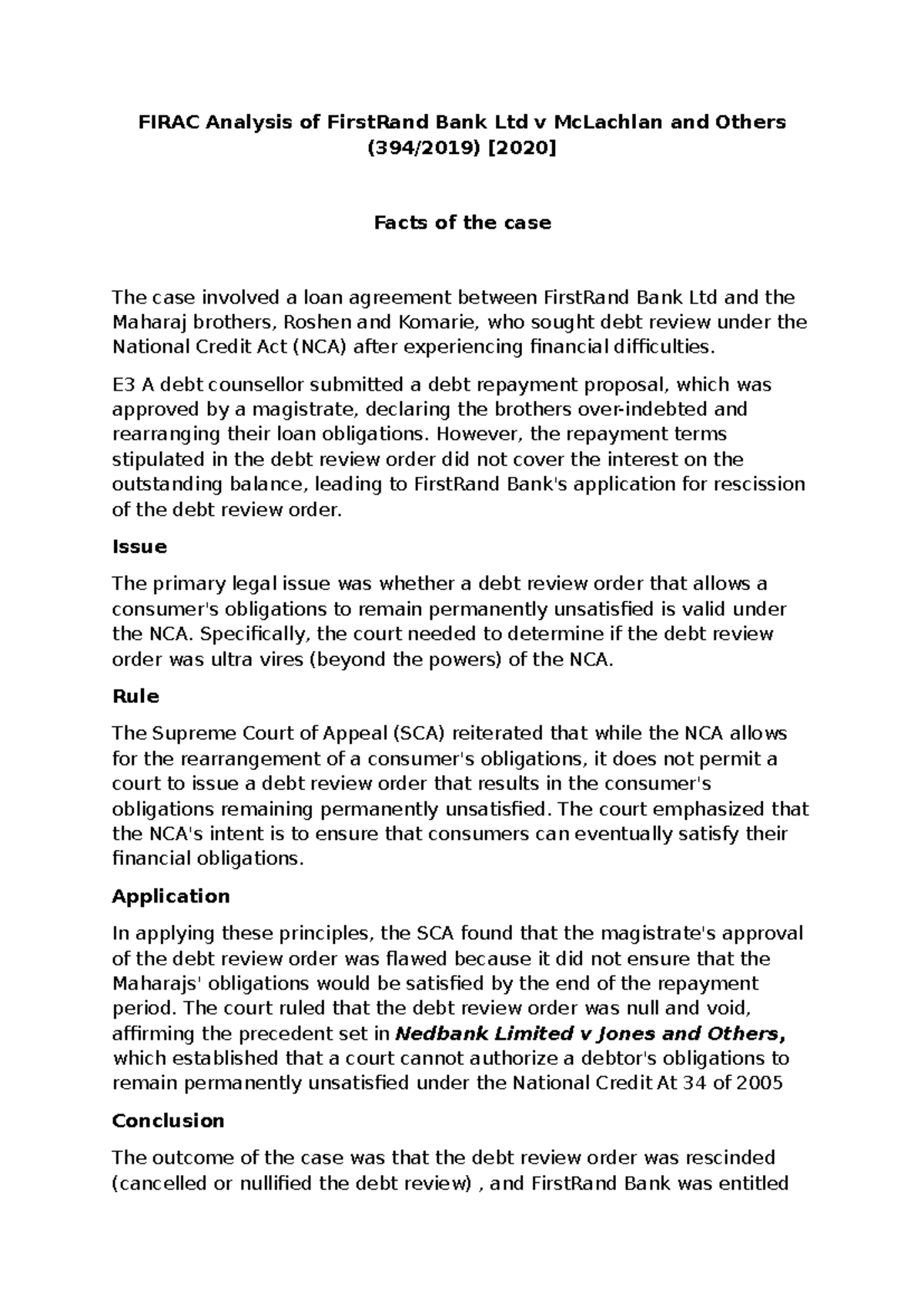Firac Analysis of First Rand Bank Ltd v Mc Lachlan and Others - FIRAC ...