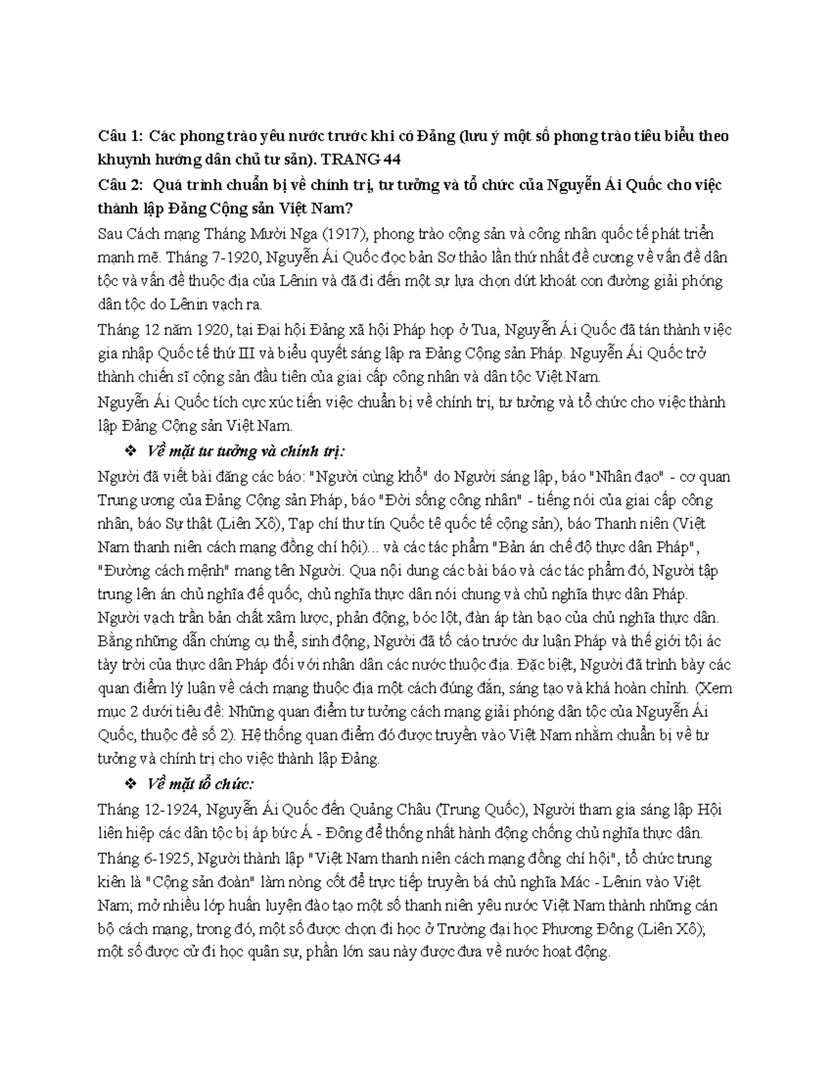 [LSĐ] ĐỀ CƯƠNG GK - sadf dfsdfds - Câu 1: Các phong trào yêu nước trước khi có Đảng (lưu ý một ...
