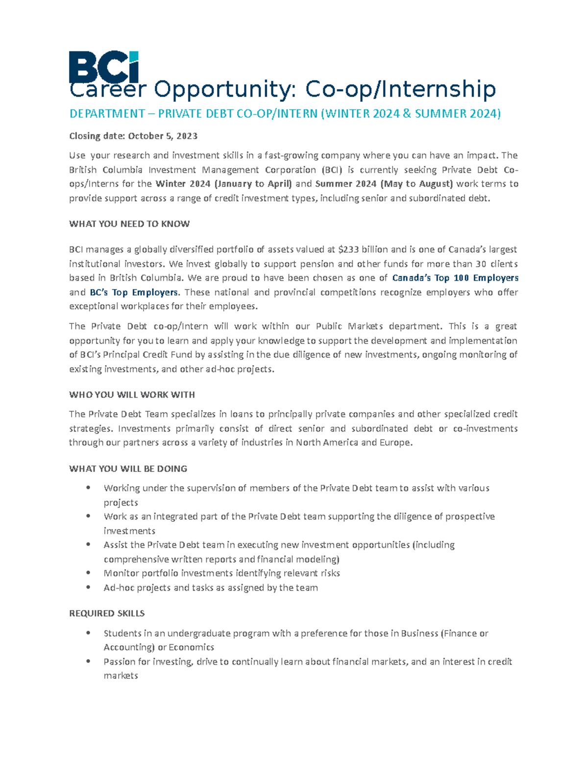 The School of Econ - Career Opportunity: Co-op/Internship DEPARTMENT ...