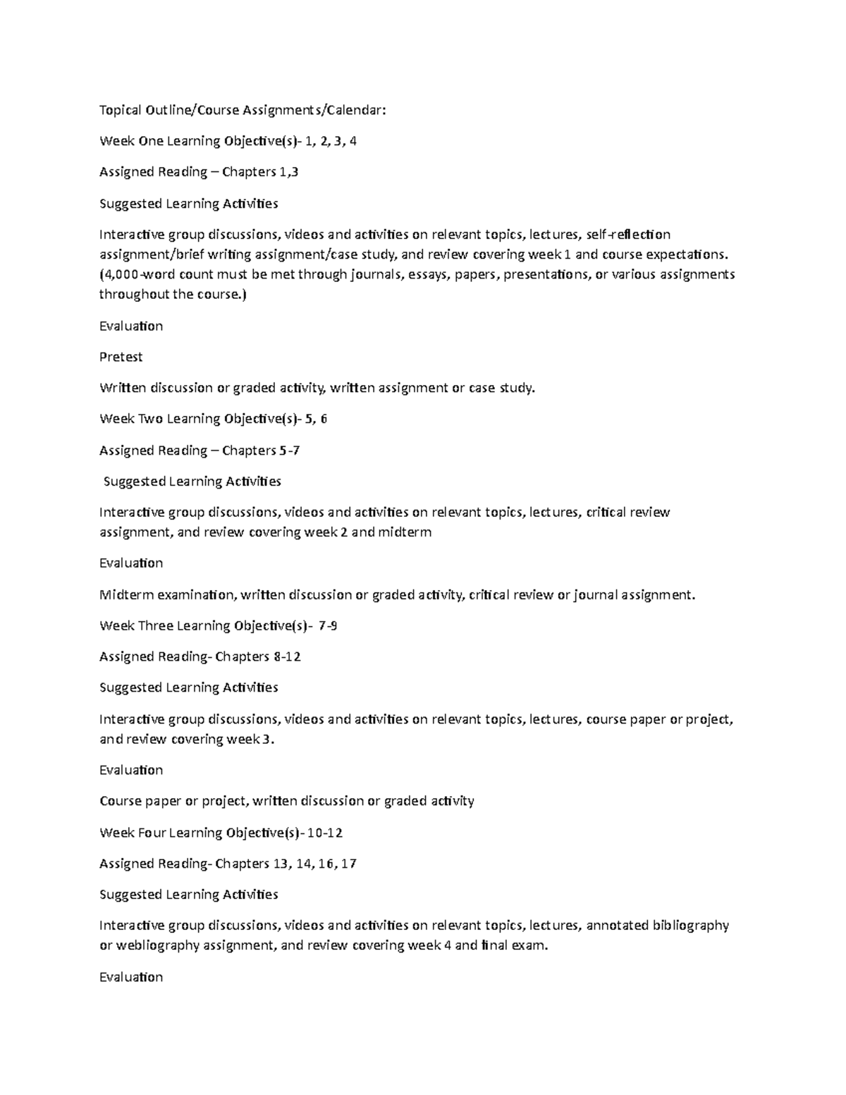 Syllaba - Topical Outline/Course Assignments/Calendar: Week One ...