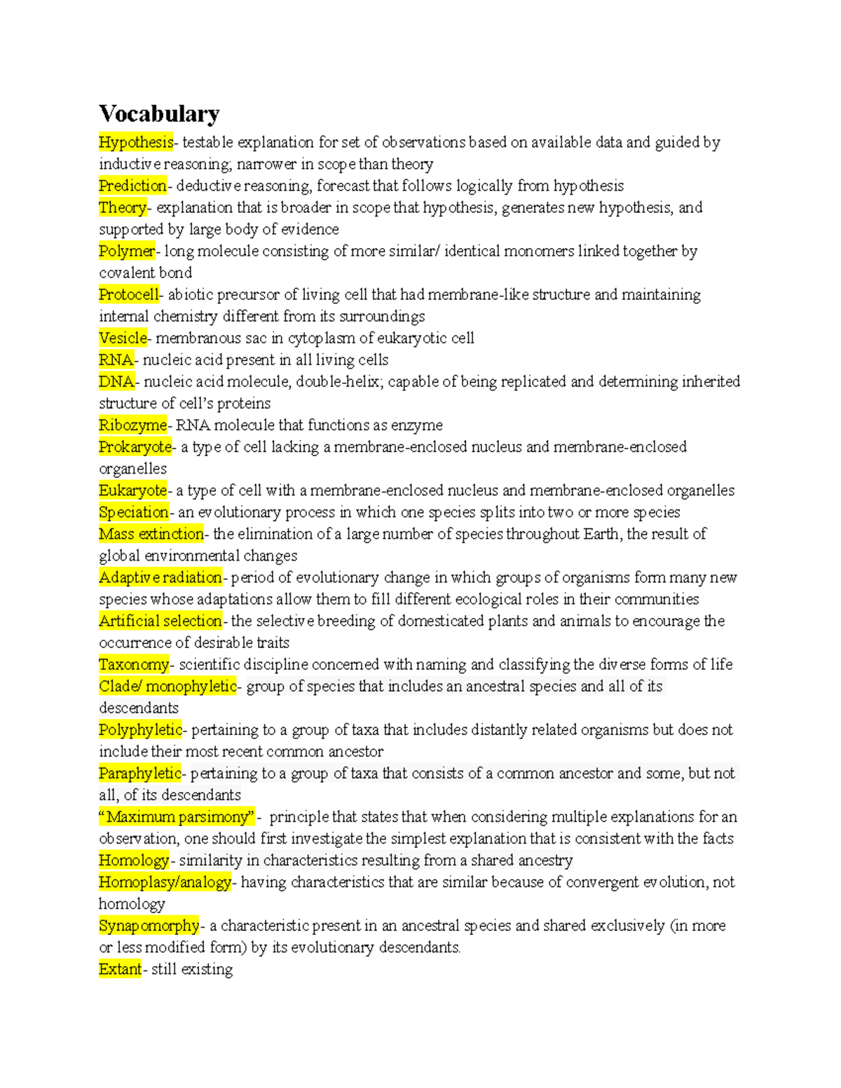 Biology Midterm Review - Vocabulary Hypothesis- testable explanation ...