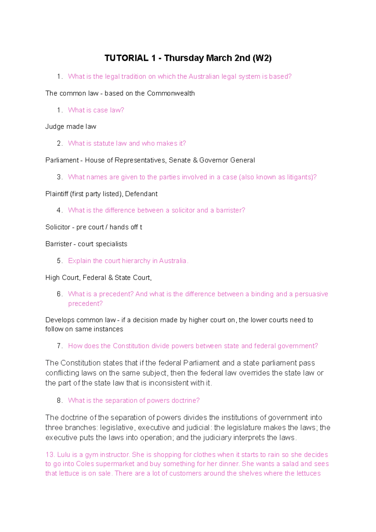 ACCG2051 Tutorial 1 Questions - TUTORIAL 1 - Thursday March 2nd (W2 ...