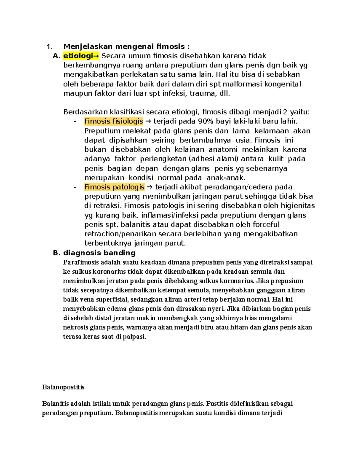 Penjelasan pleno 2 - notes - Menjelaskan mengenai fimosis : A. etiologi ...