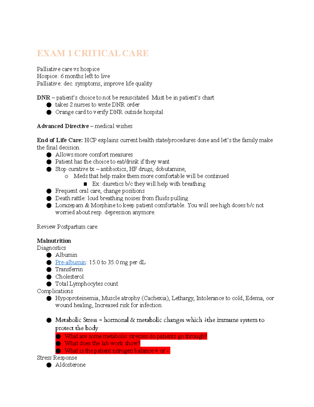 Exam 1 critical care - Lecture notes - EXAM 1 CRITICAL CARE Palliative ...