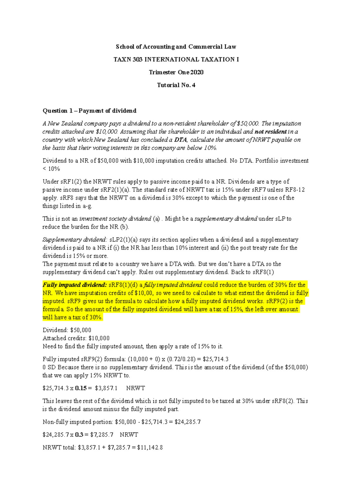 Tutorial 4 - Supplementary dividend rules - School of Accounting and ...