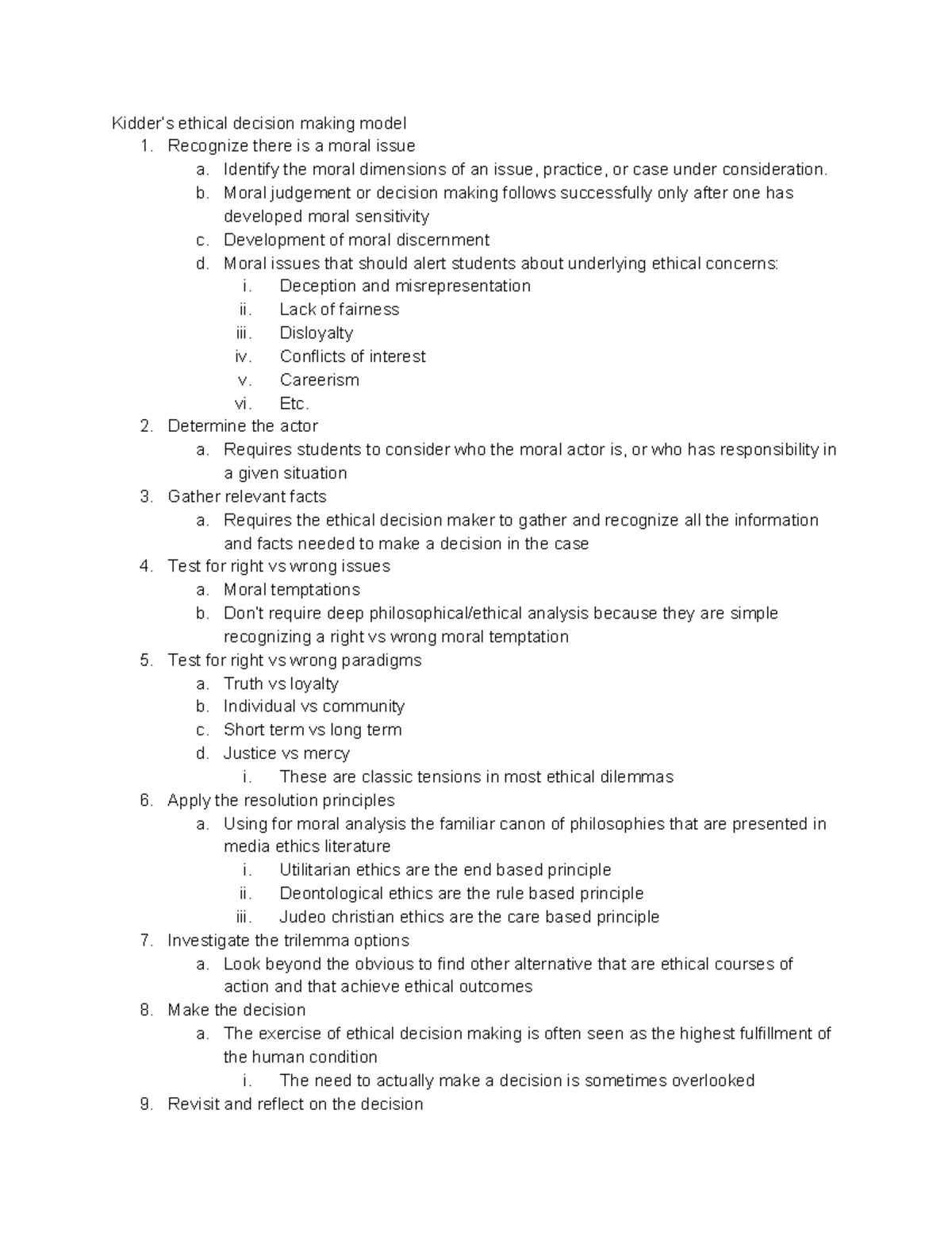 Notes from baker reading - Kidder’s ethical decision making model 1 ...