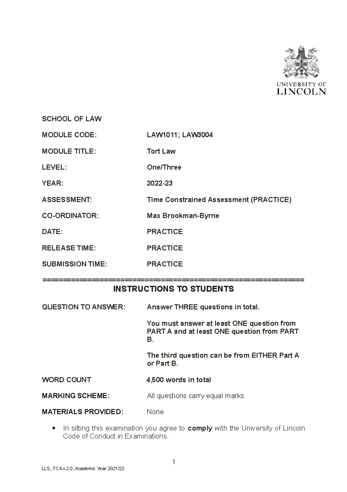 Tort practice TCA 2 - hulla - SCHOOL OF LAW MODULE CODE: LAW1011; LAW ...