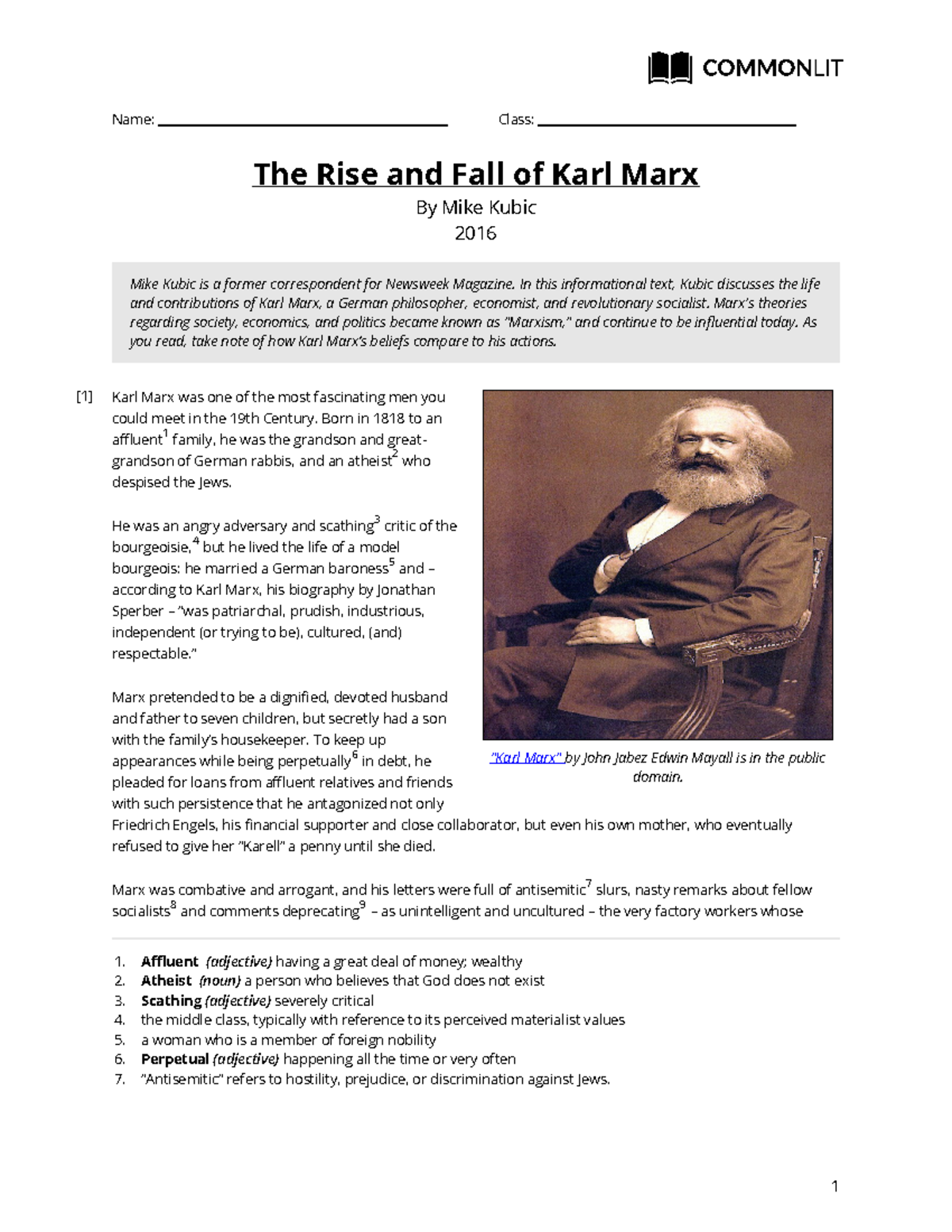Common Lit The Rise and Fall of Karl Marx (updated) - Name: Class ...