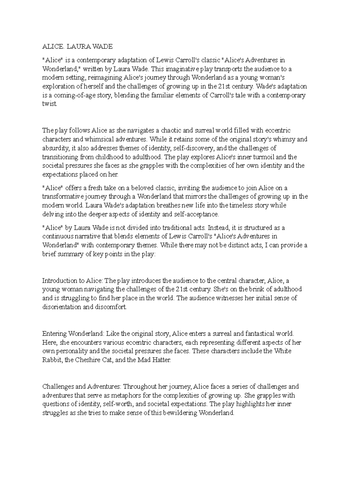 Alice - ... - ALICE. LAURA WADE "Alice" is a contemporary adaptation of ...