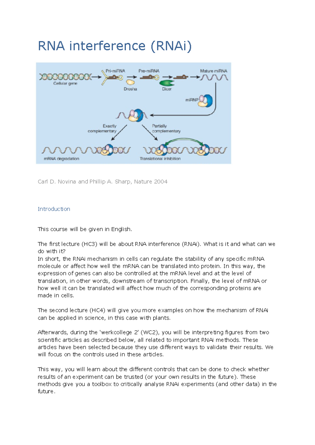 Werkcollege 2 RNAi Student 22-23 - RNA interference (RNAi) Carl D ...